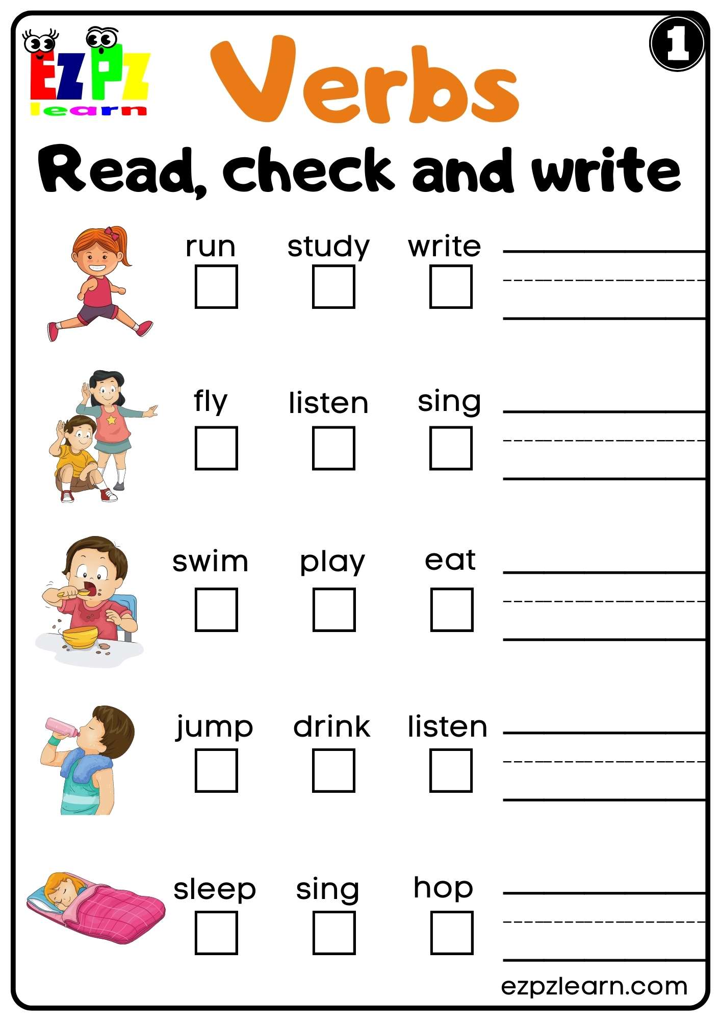 Verbs Read Check and Write Worksheet for ESL and Home Schooling ...