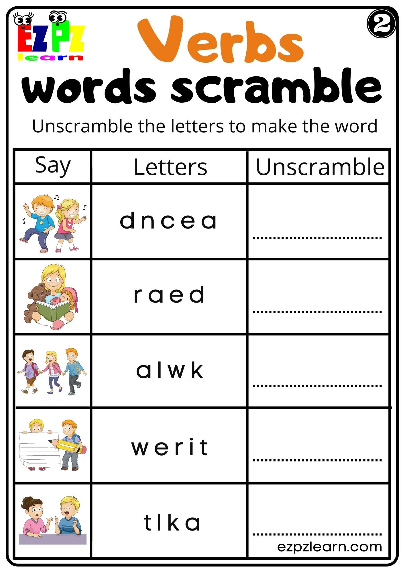 Verbs Word Scramble Worksheet for Home Schooling K5 and ESL PDF ...