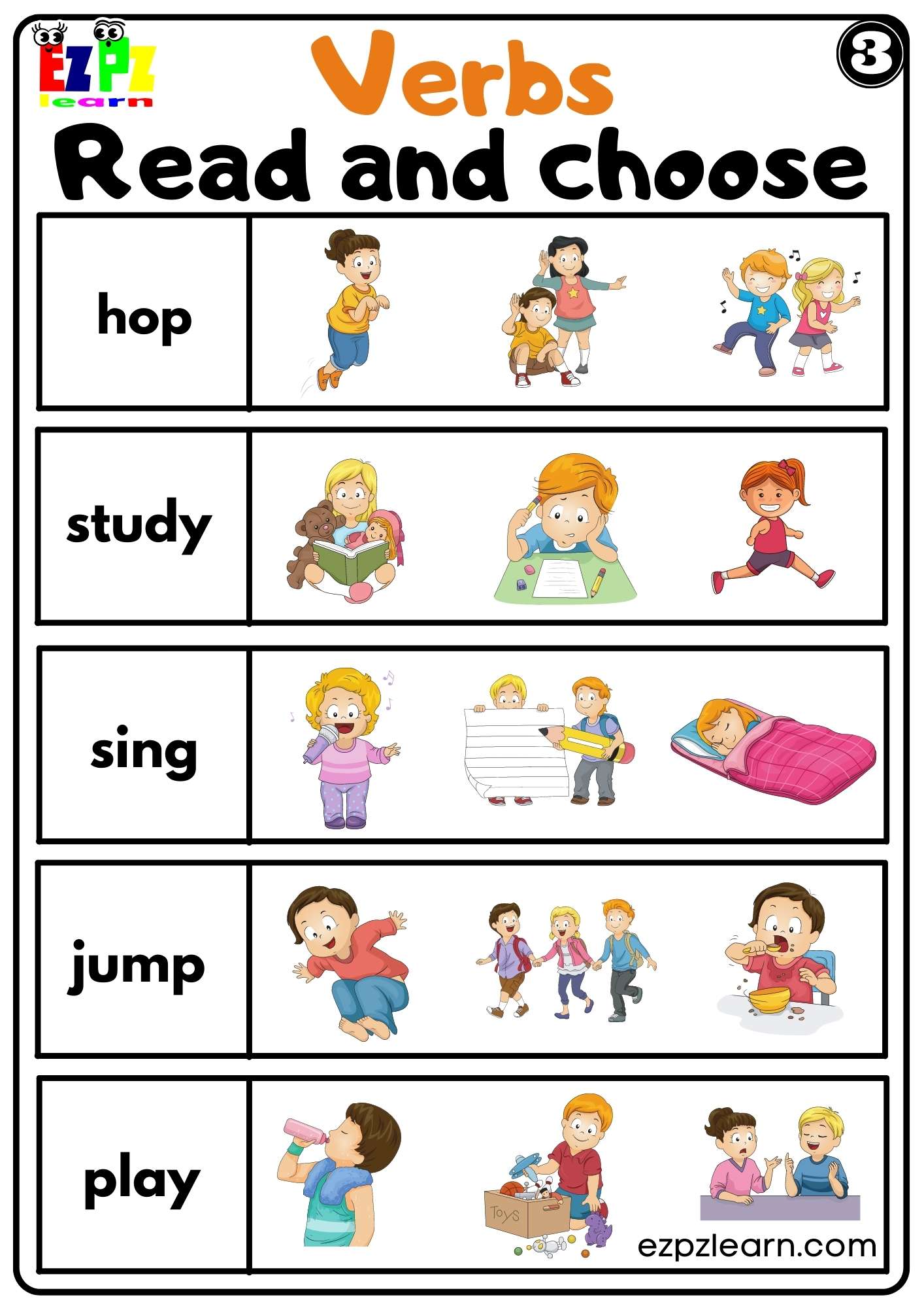 Verbs Read and Choose Easy Worksheet for K5 and ESL Students PDF ...