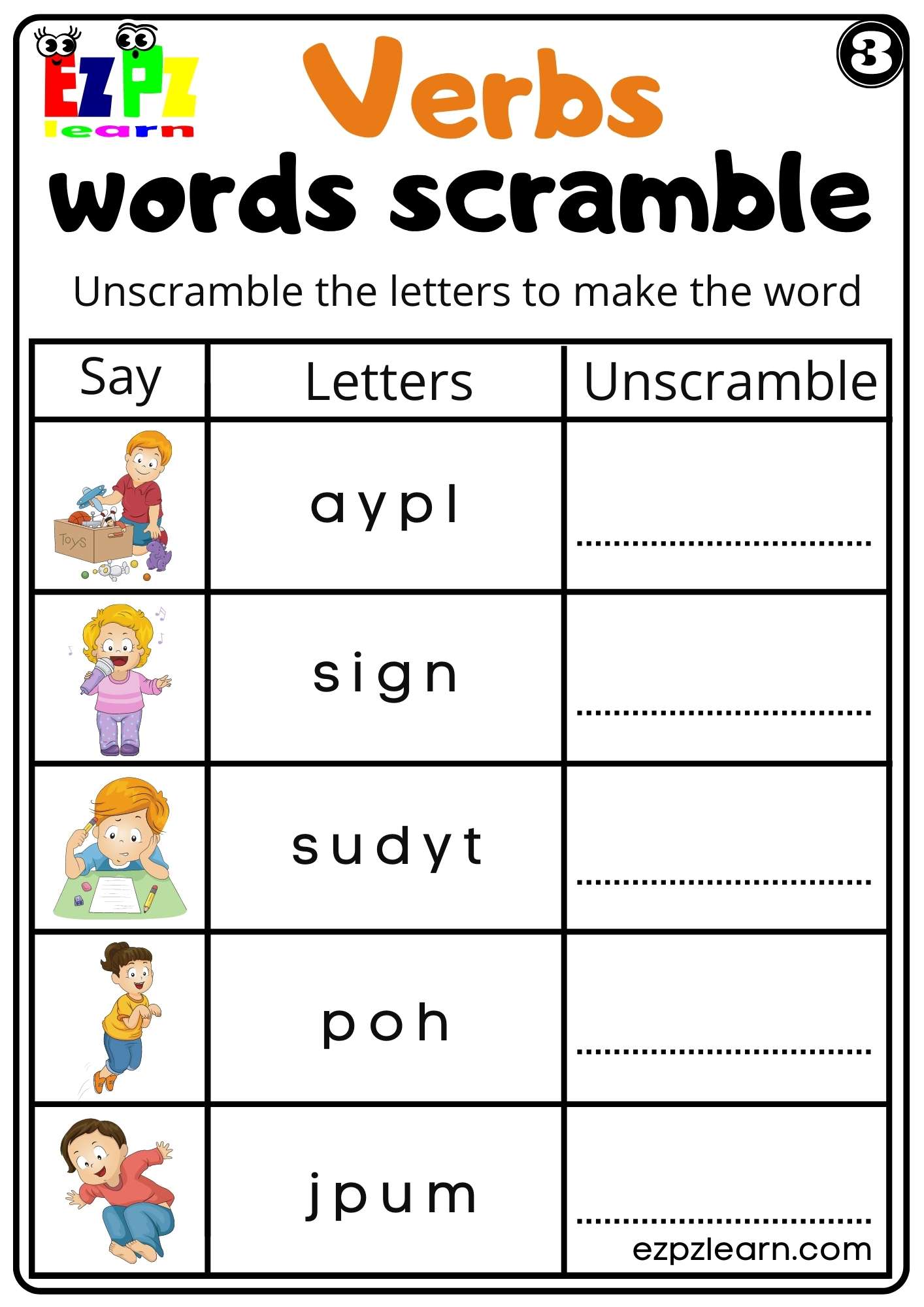 Verbs Words Scramble Easy Worksheet for K5 and ESL Students PDF ...