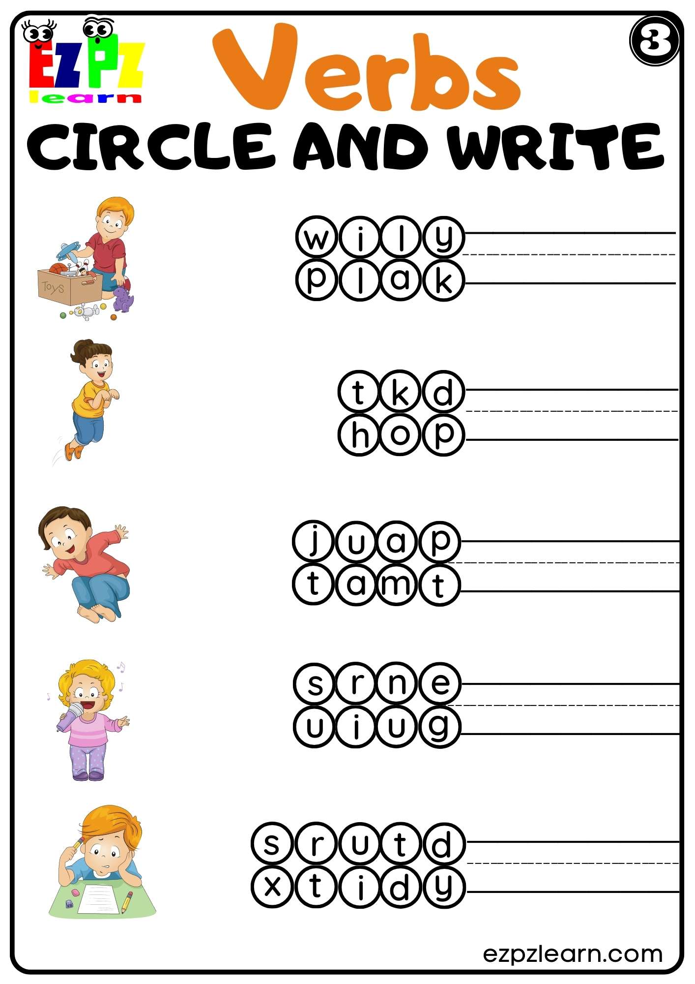 Verbs Circle and Write Easy Worksheet for K5 and ESL Students PDF ...