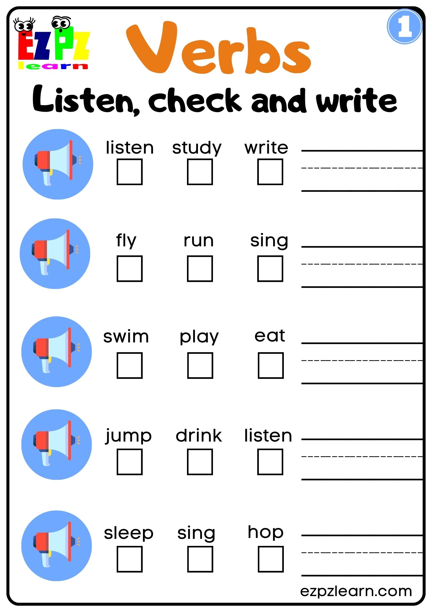 Interactive Verbs Worksheet Listen, Check and Write Activity for K5 and ...