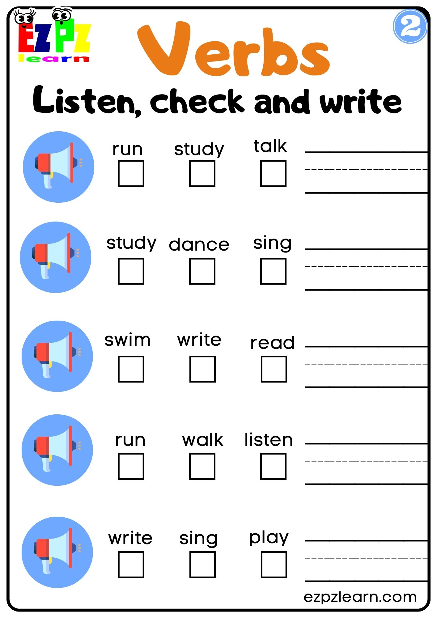 Interactive Verbs Worksheet Listen, Check and Write the Words Activity ...