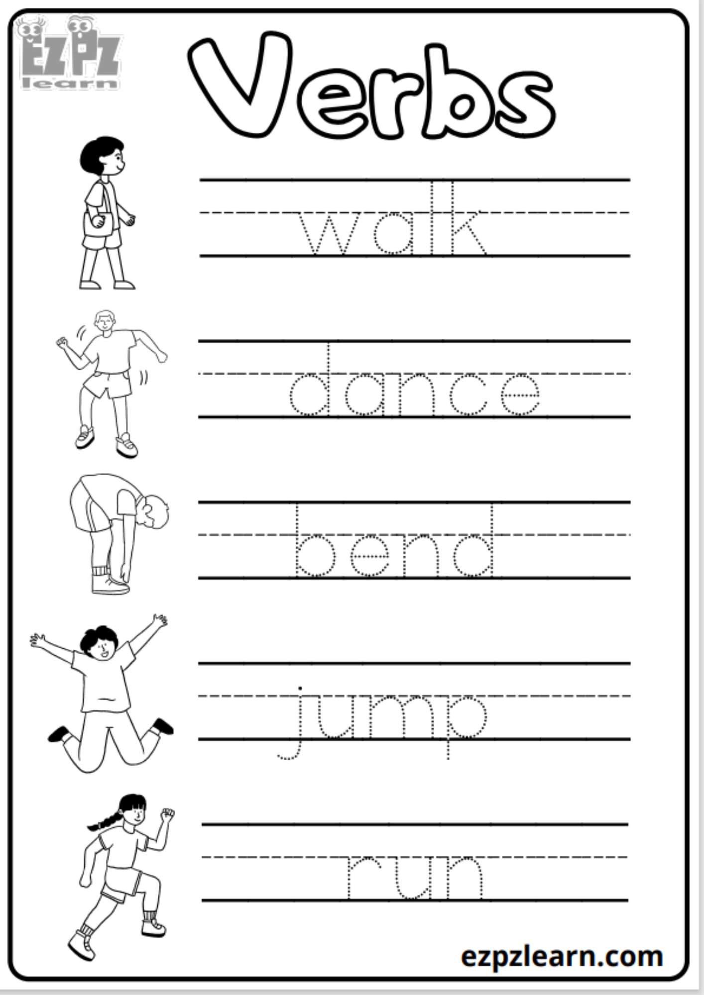 Verbs Tracing 2 Worksheet For Kids Free PDF Download - Ezpzlearn.com