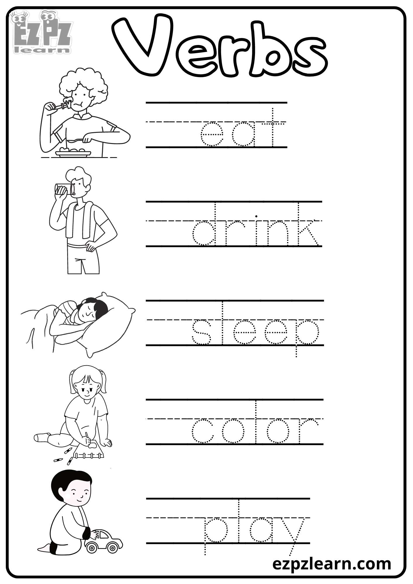 Verbs Tracing 4 Worksheet For Kids Free PDF Download - Ezpzlearn.com