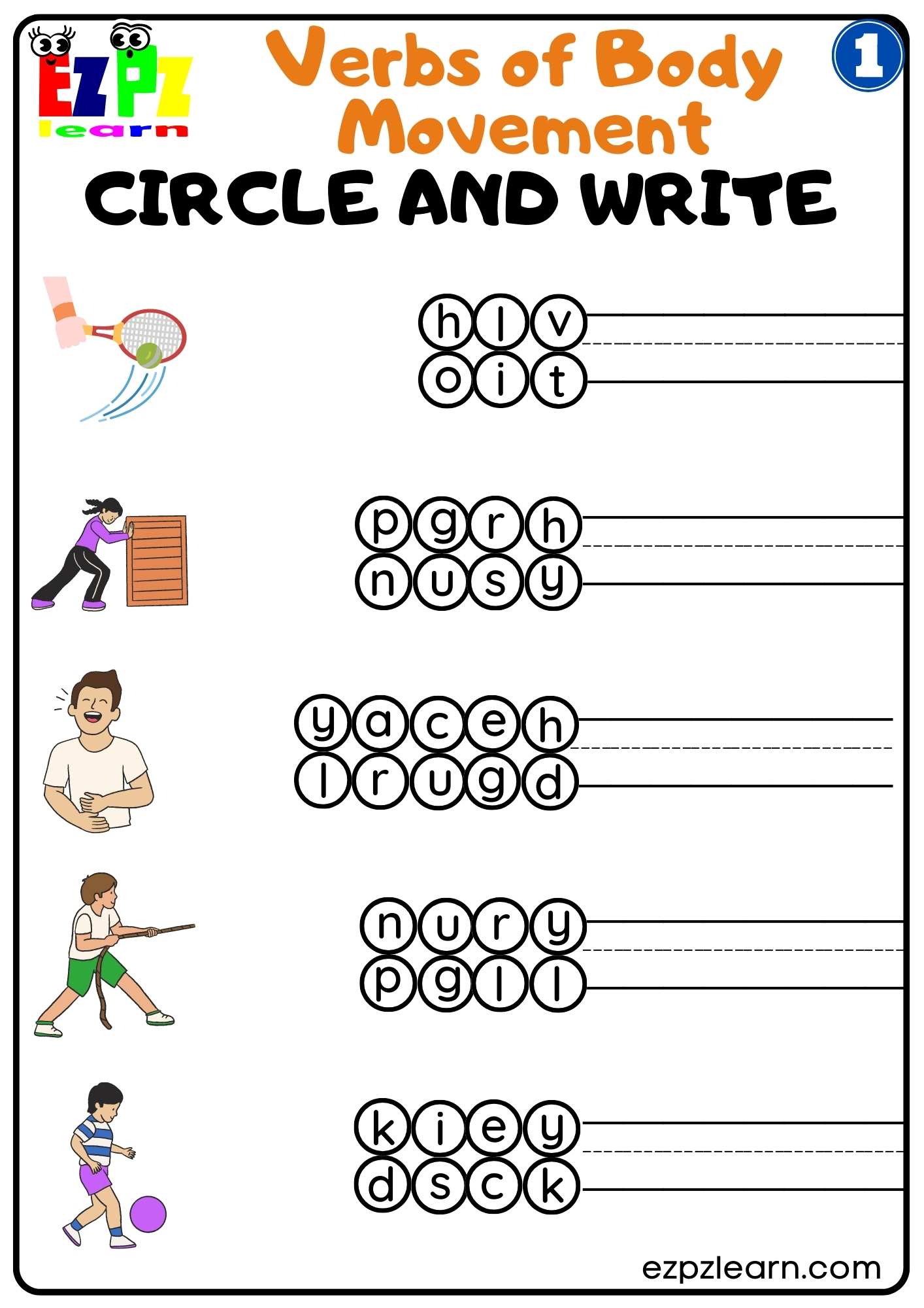 Group 1 Verbs of Body Movement Circle and Write free PDF Download for ...