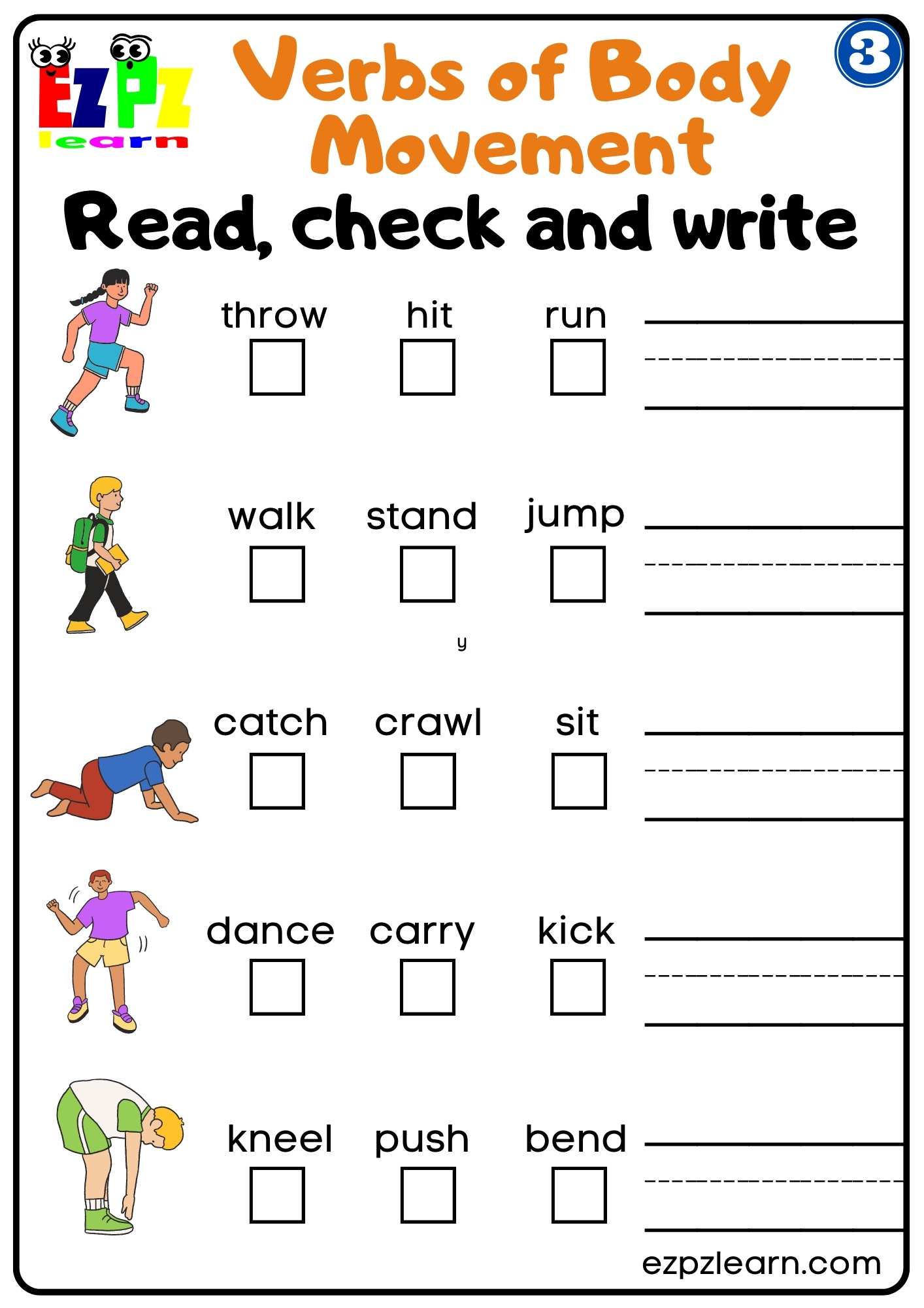 Group 3 Verbs of Body Movement Read Check and Write Worksheet PDF ...