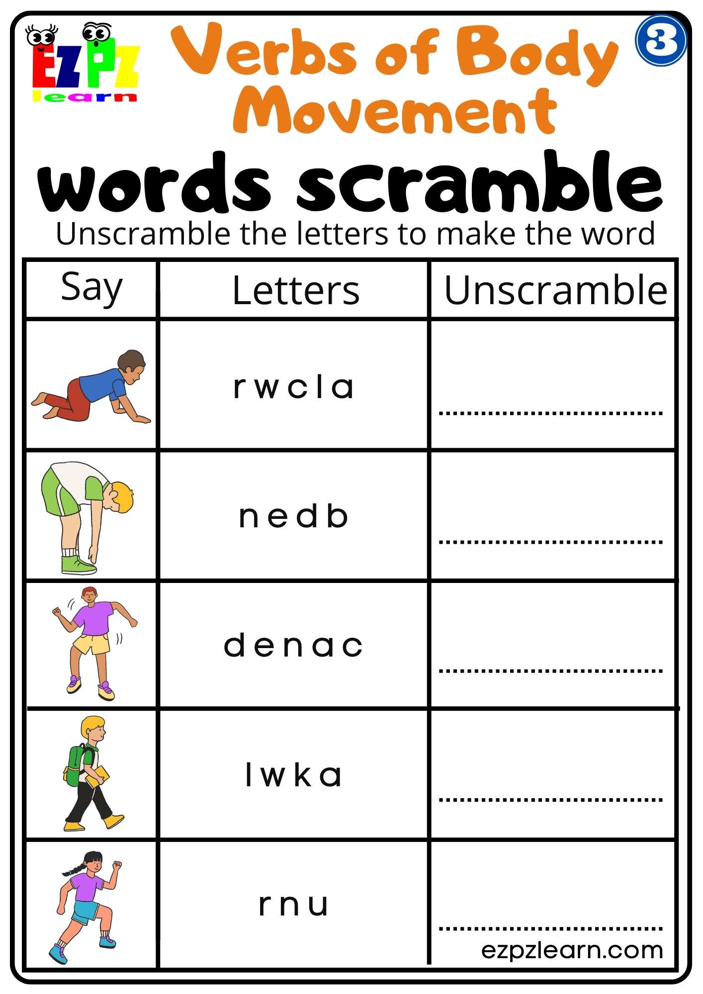 Group 3 Verbs of Body Movement Words Scramble Worksheet PDF Download ...