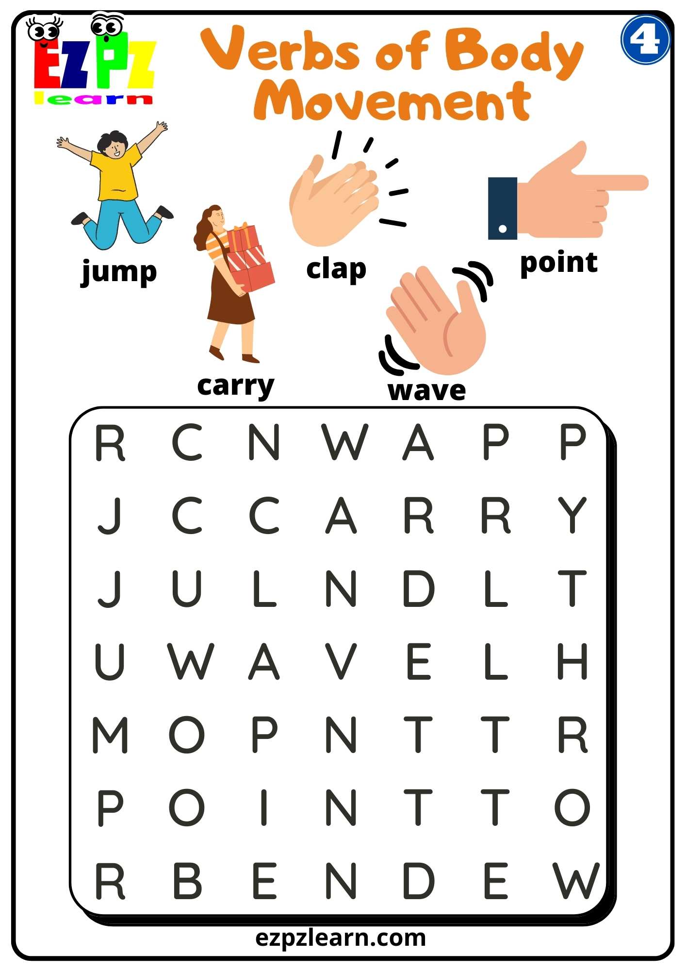 Group 4 Verbs of Body Movement Word Search Worksheet - Ezpzlearn.com