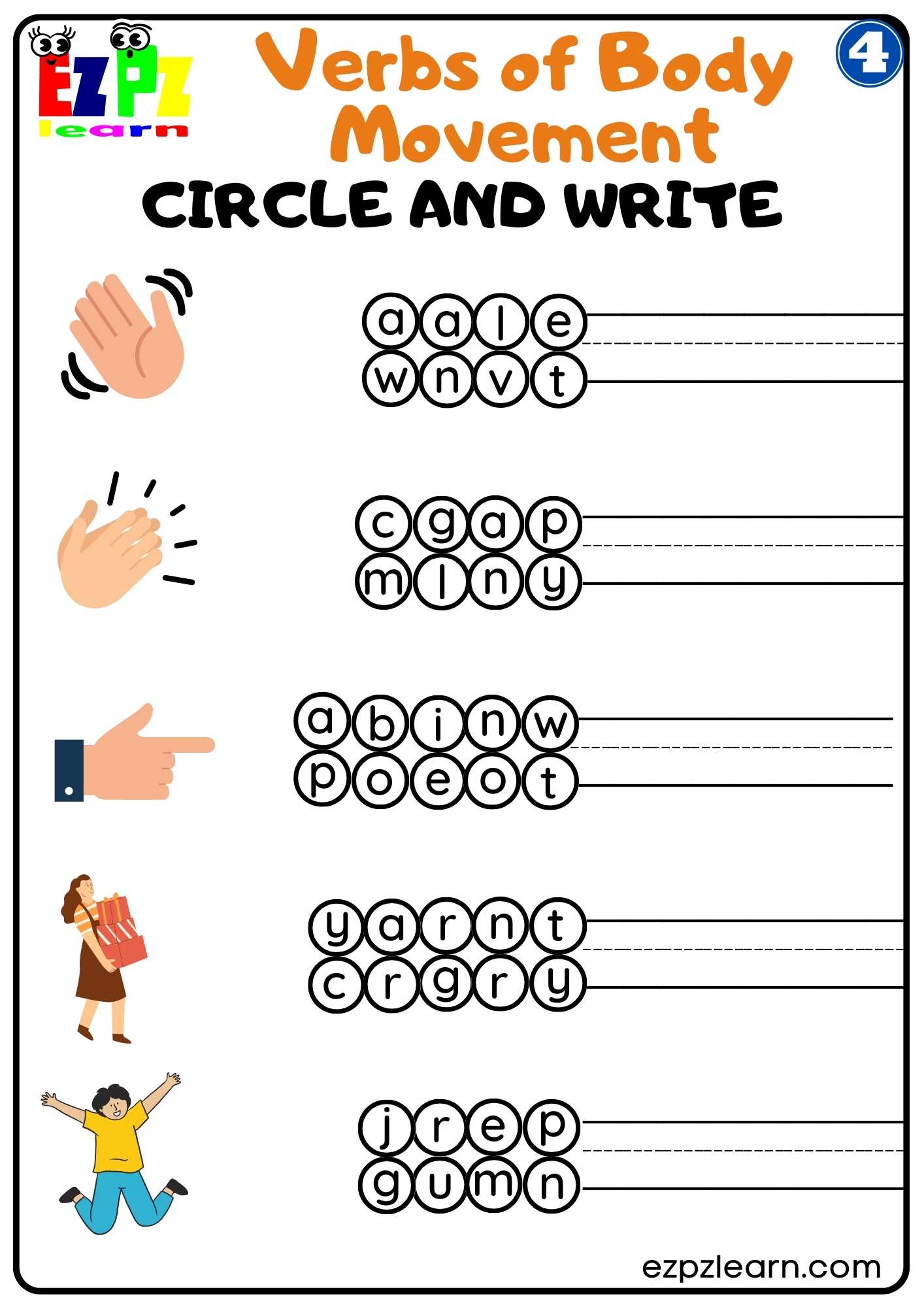 Group 4 Verbs of Body Movement Circle and Write Worksheet - Ezpzlearn.com