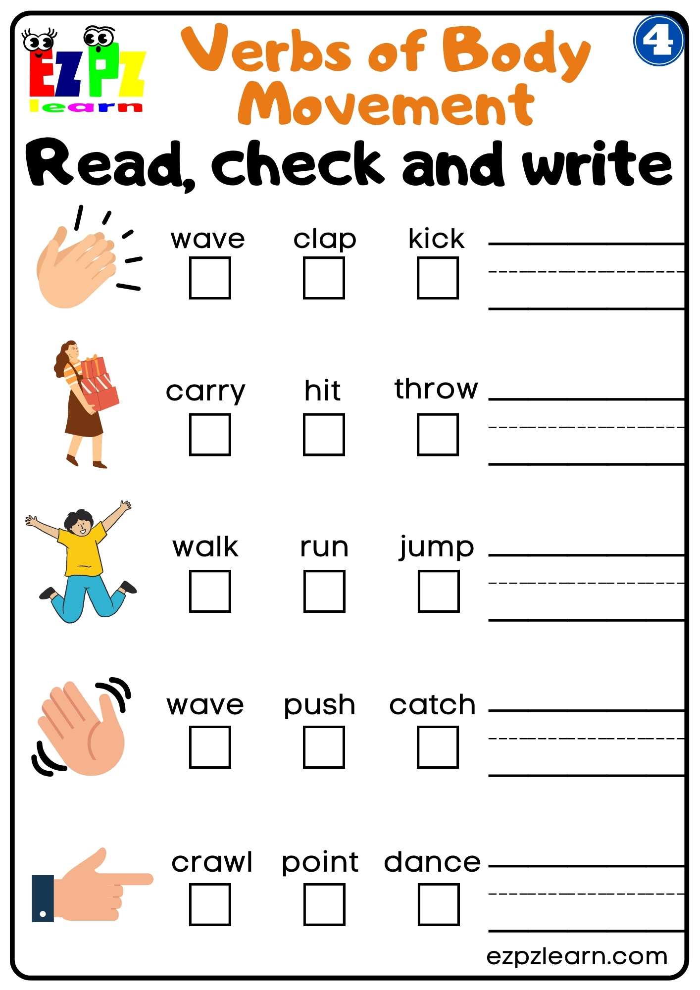 Group 4 Verbs of Body Movement Read Check and Write Worksheet ...