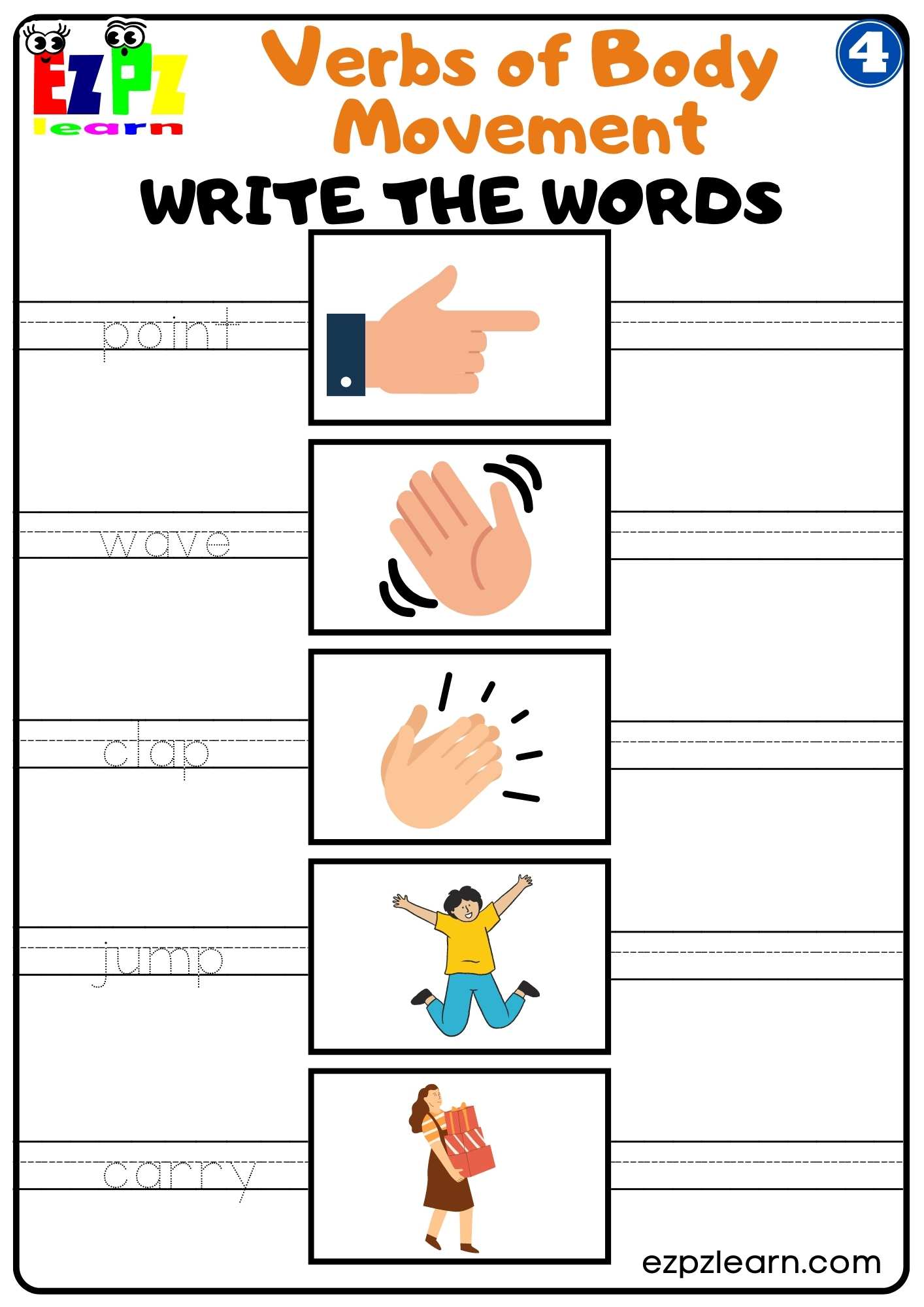 Group 4 Verbs of Body Movement Write the Words Worksheet - Ezpzlearn.com