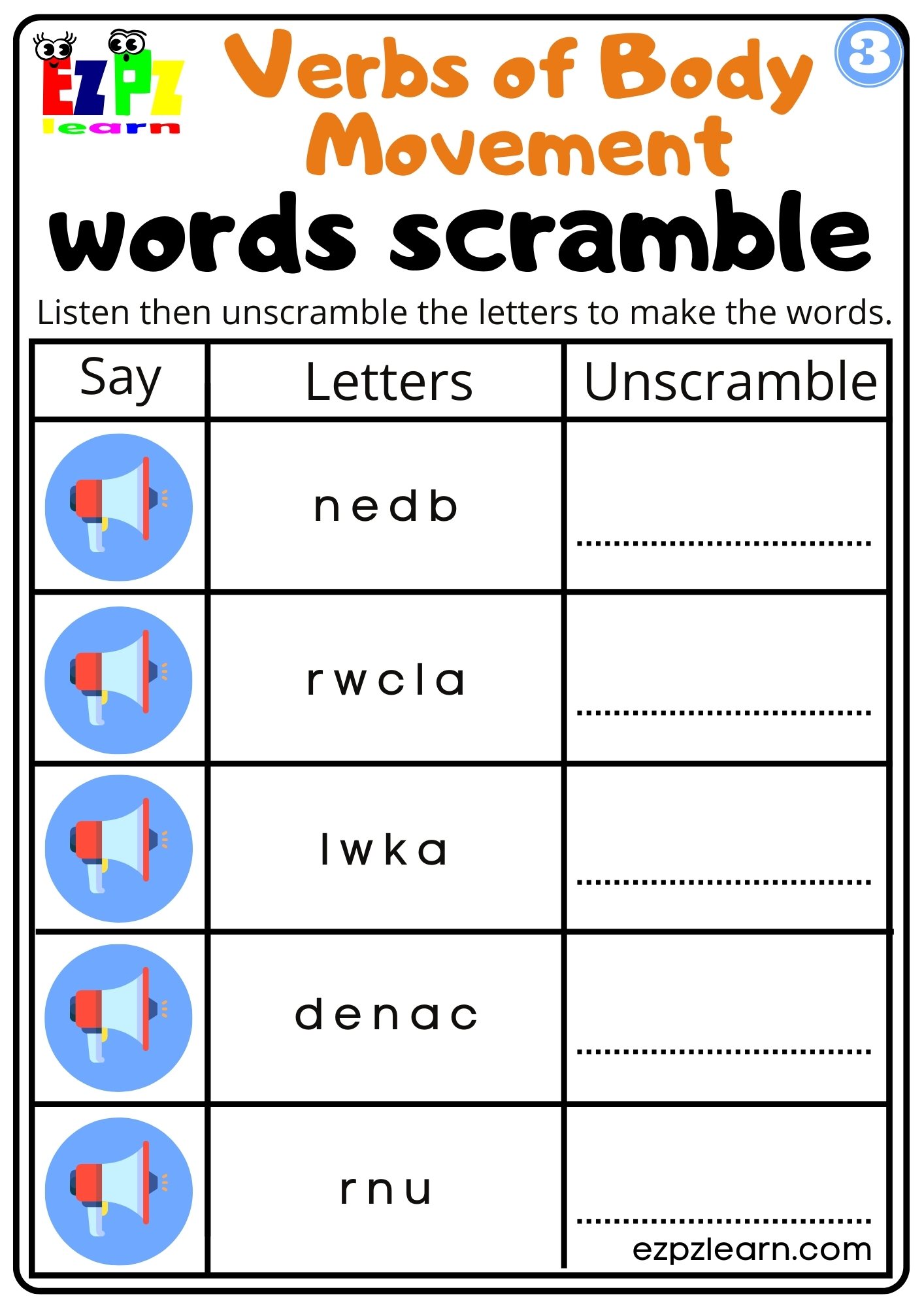 Verbs of Body Movement Interactive Vocabulary Worksheet Listen ...