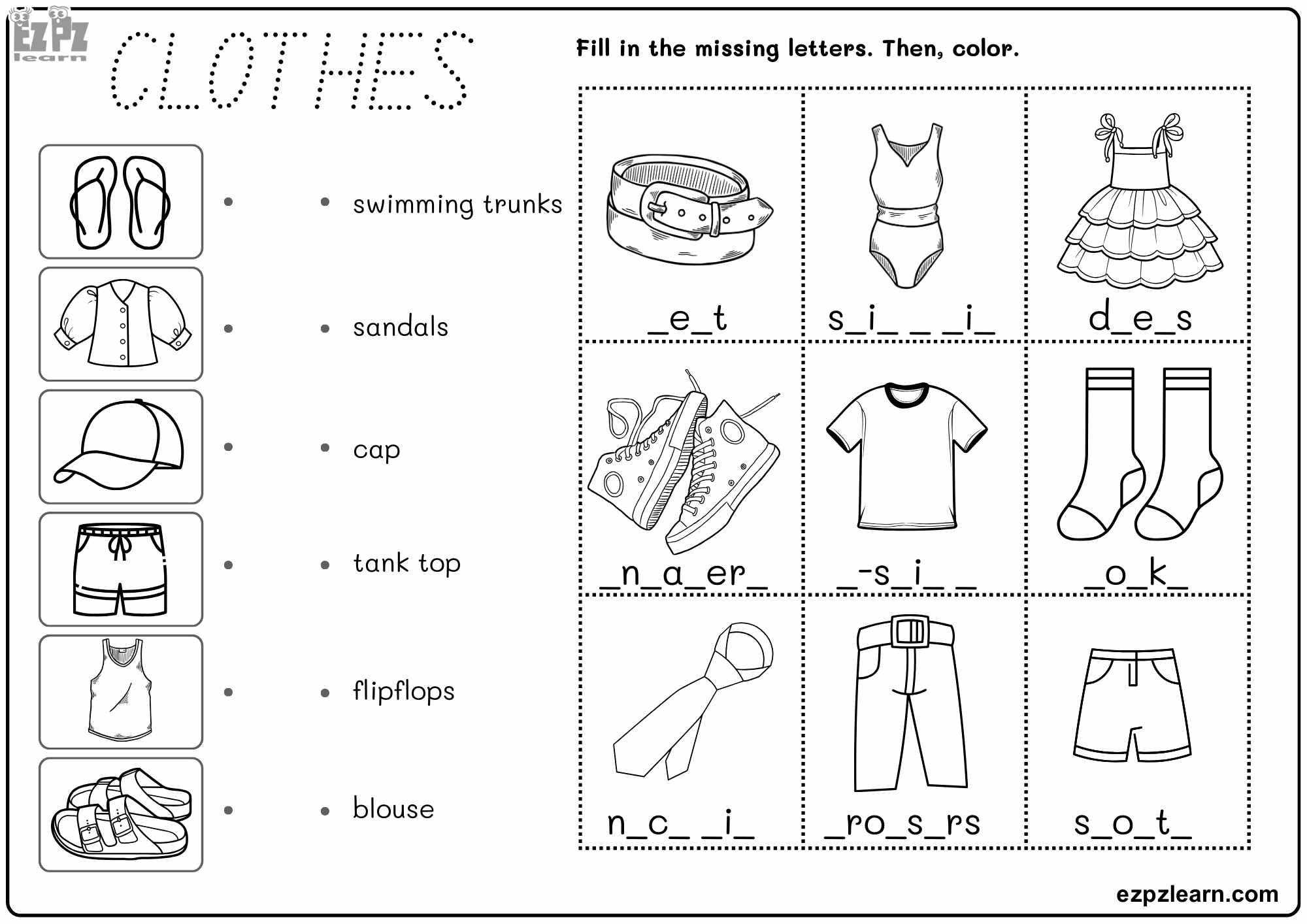 Clothes Matching Activity. Fill in the Missing Letters, then color ...