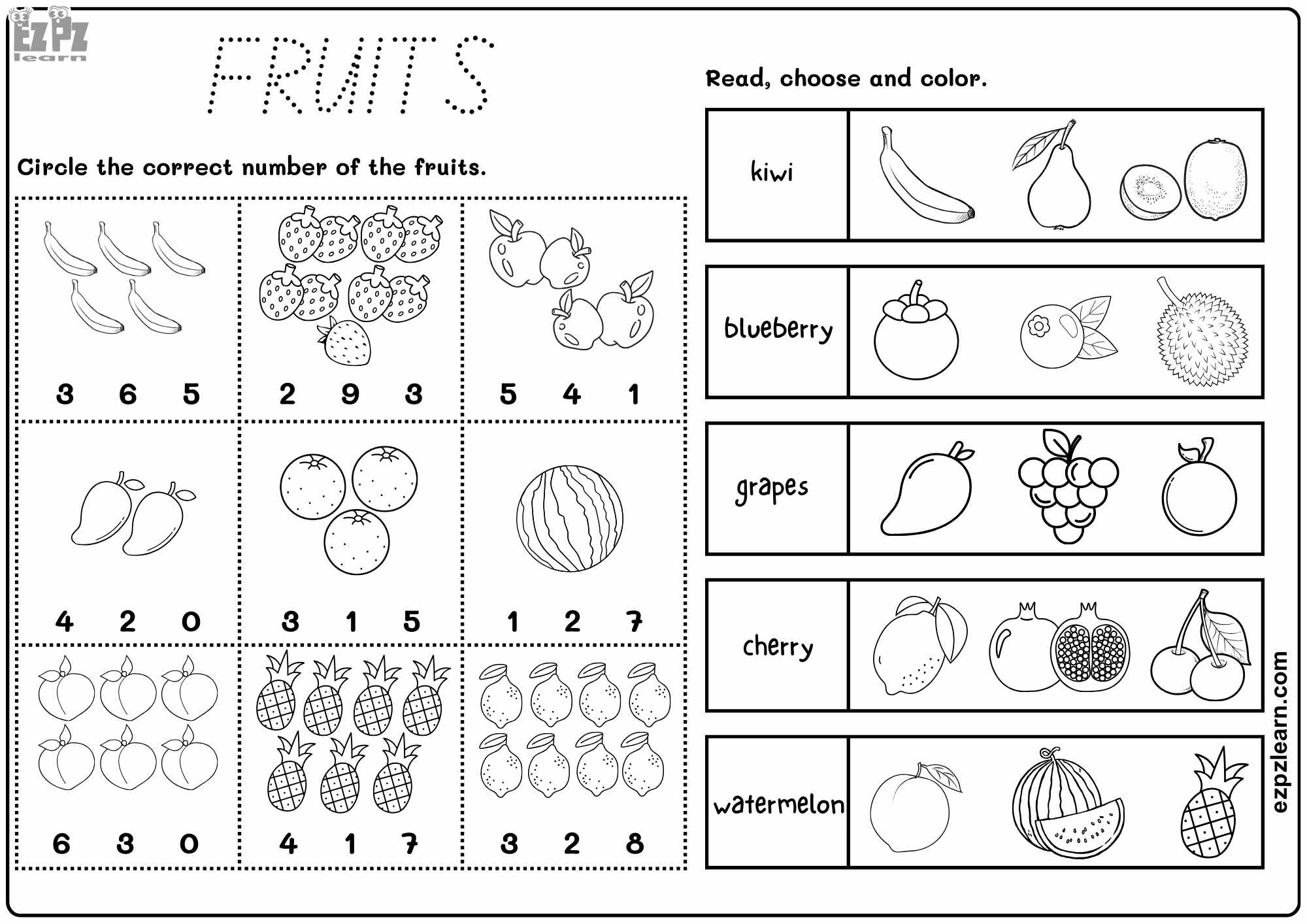 Fruits Vocabulary. Circle the correct number of the fruits. Read ...