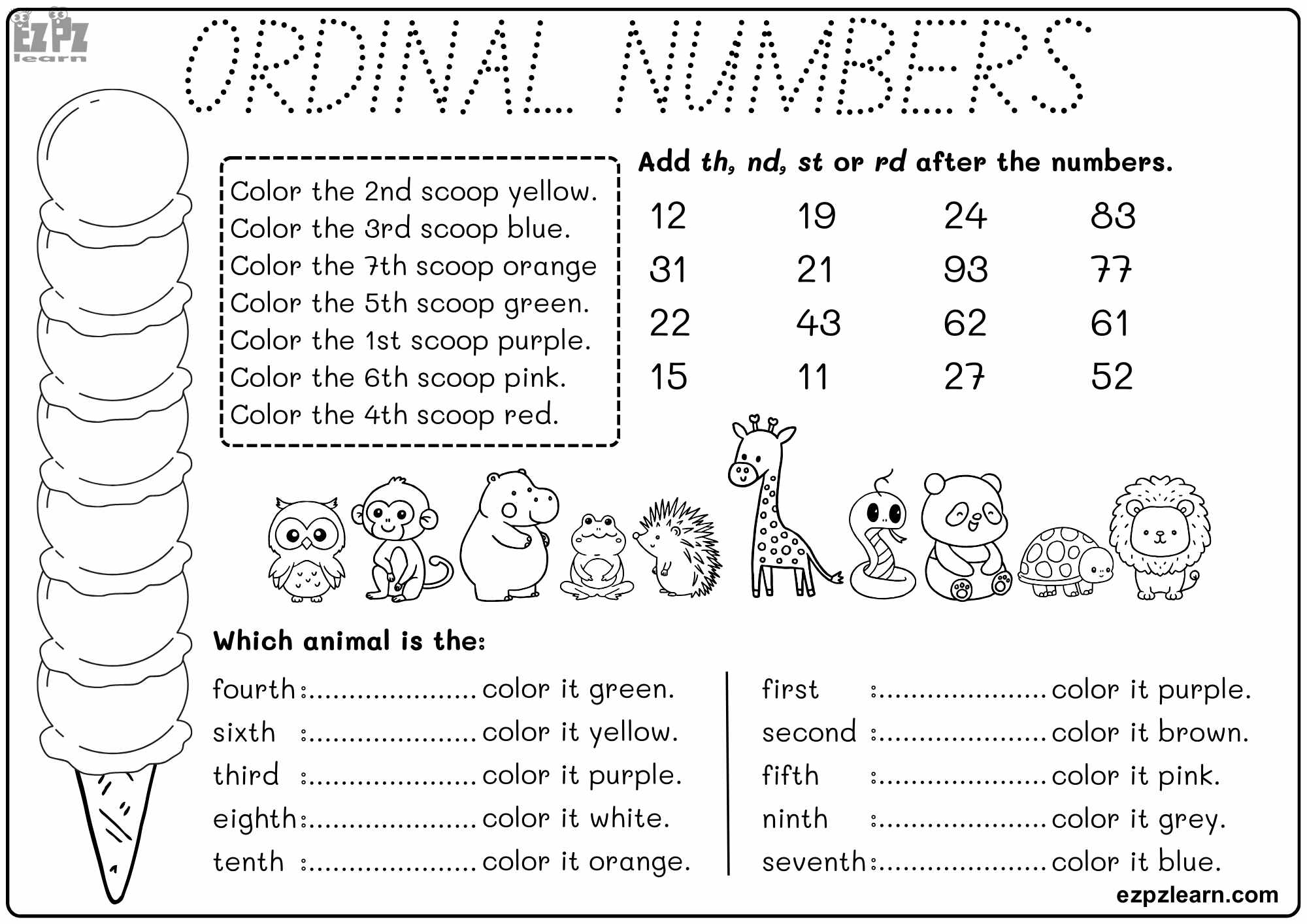 Ordinal Numbers. Read and color the ice cream by ordinal number. Color ...