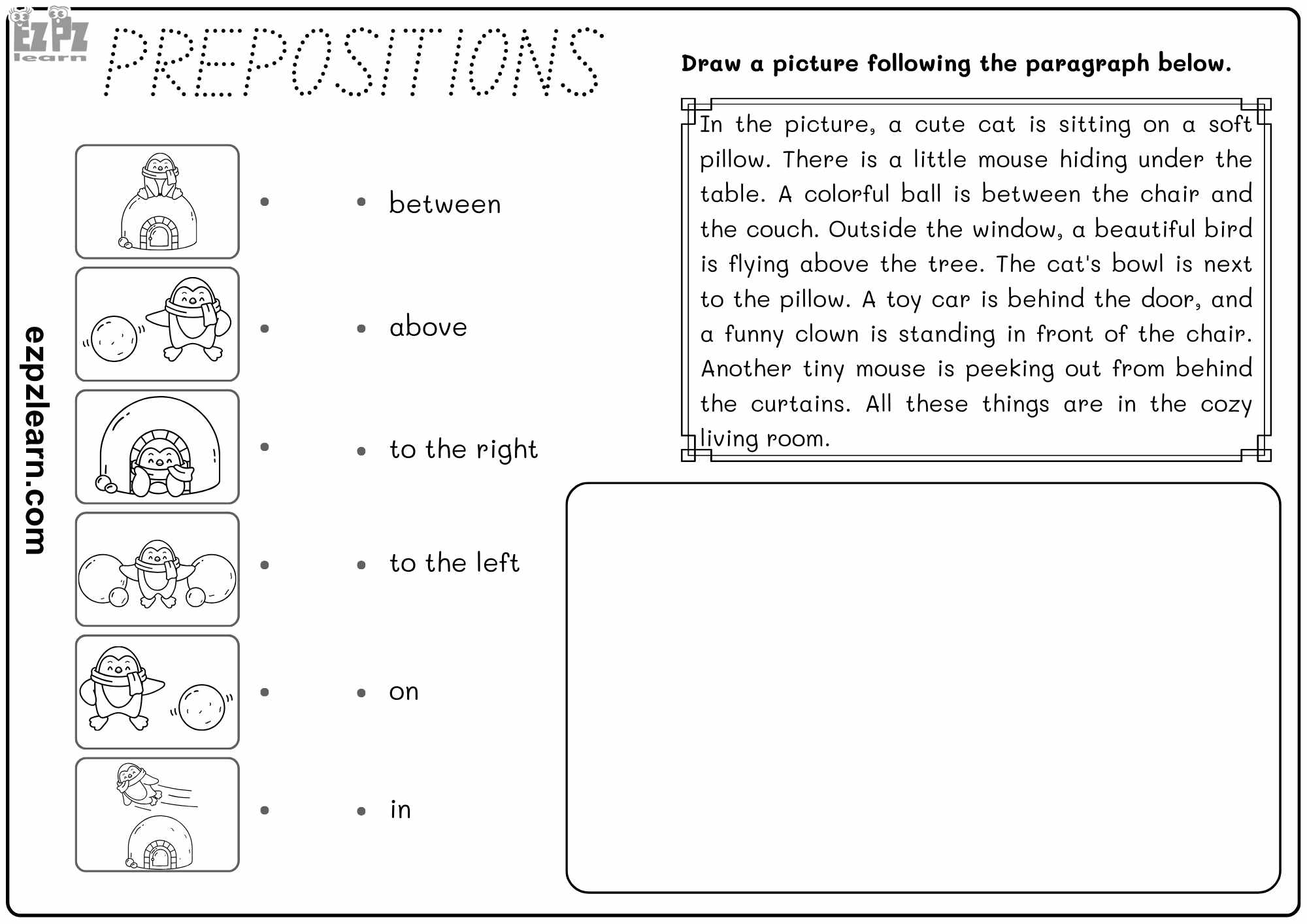 Prepositions read the description and draw the picture activity ...