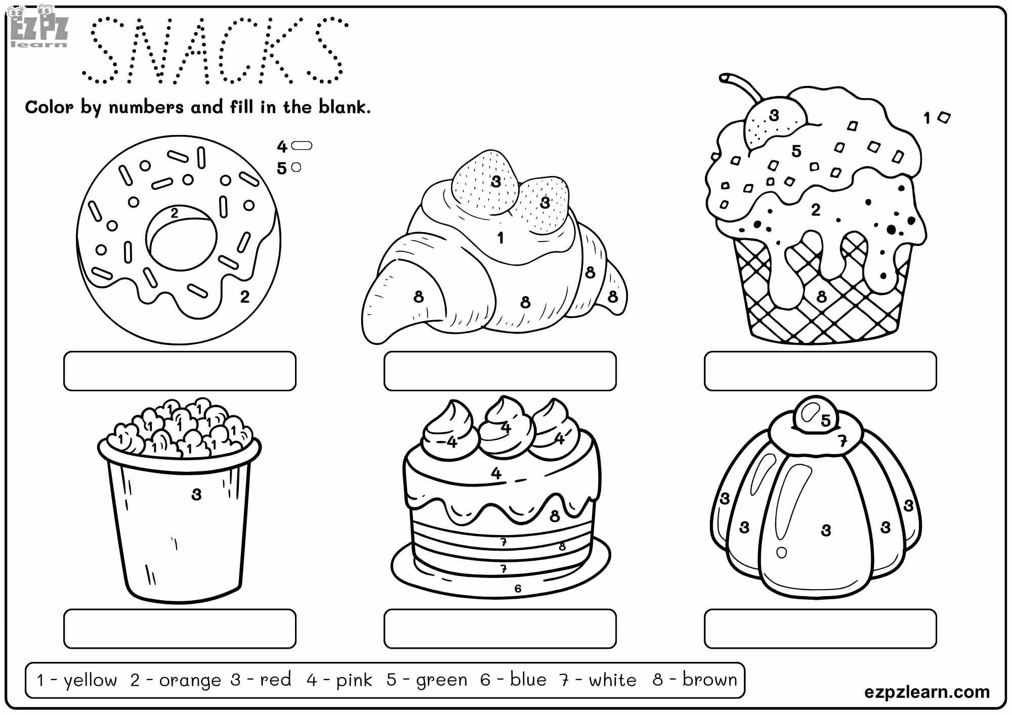 Snacks and Food color by numbers and fill in the blanks activity for ...