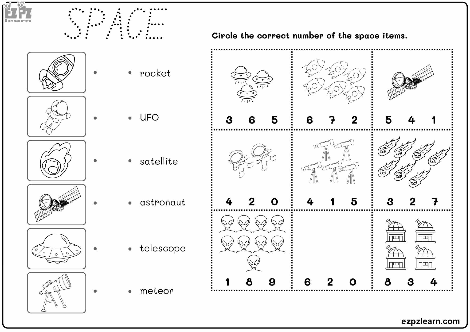 Space read and match activity. Circle the correct number of the space ...