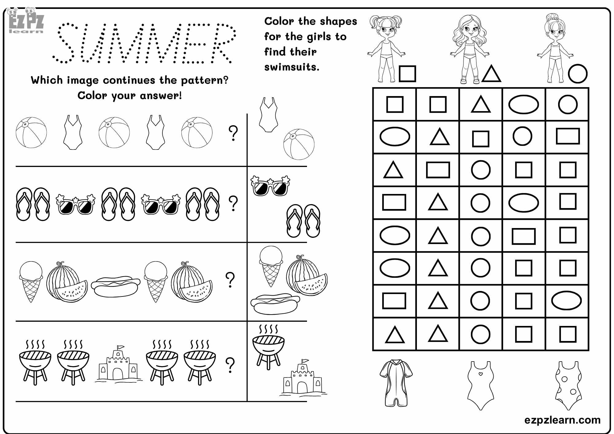 Summer color and complete the pattern activity. Help the girls through ...