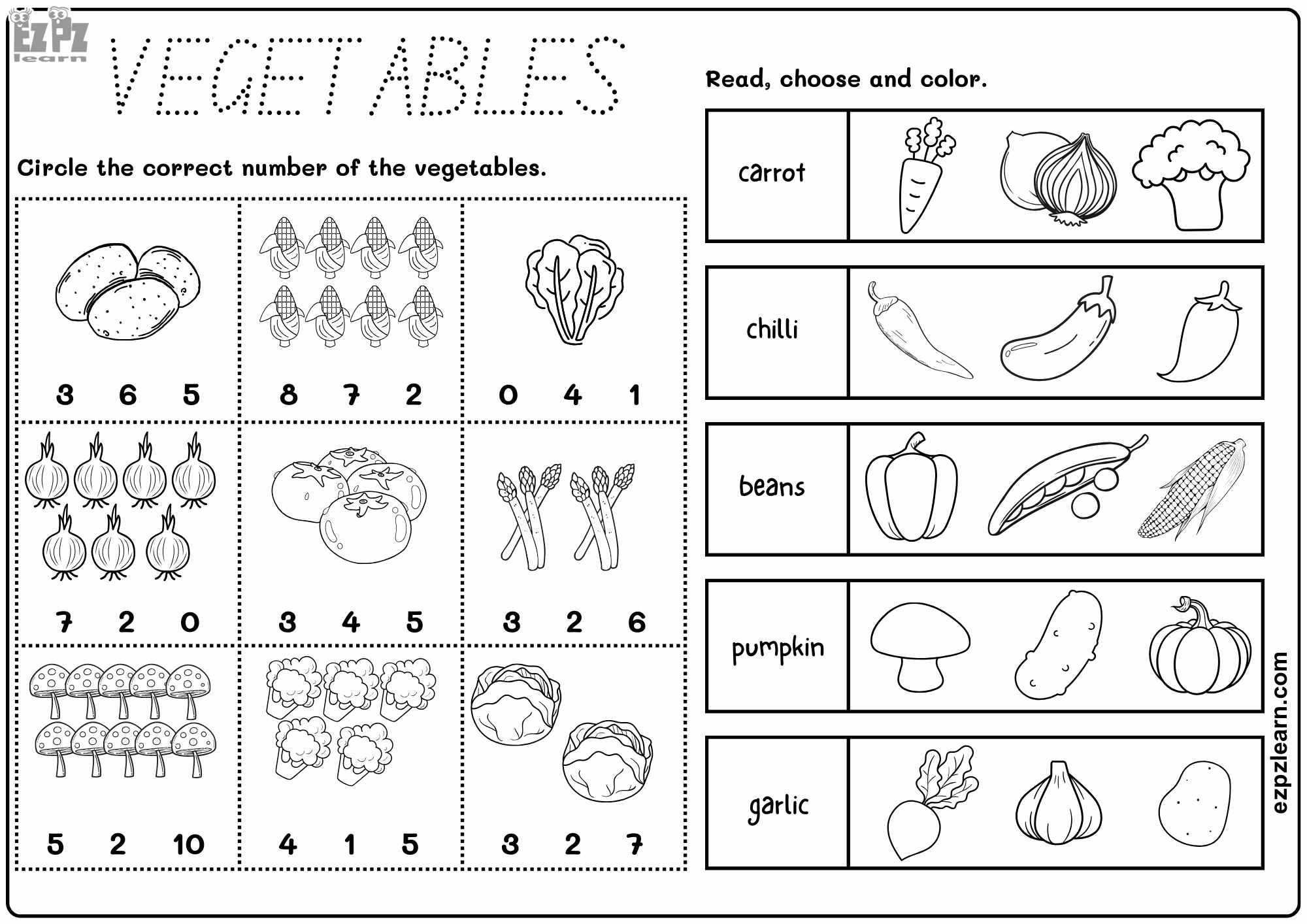 Vegetables circle the correct number of vegetables activity. Read ...