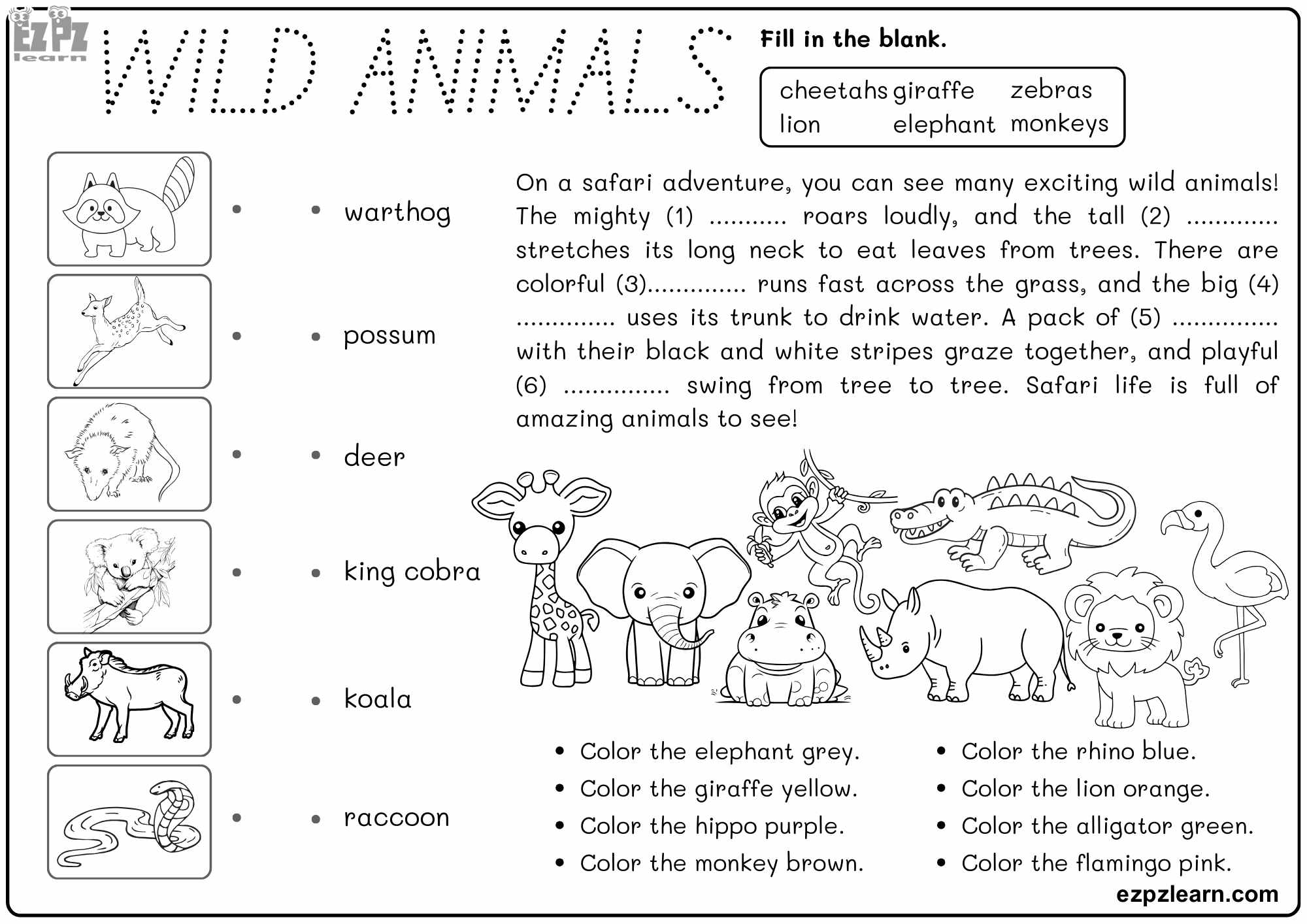 Wild Animals Vocabulary. Read and fill in the blanks activity. Read ...