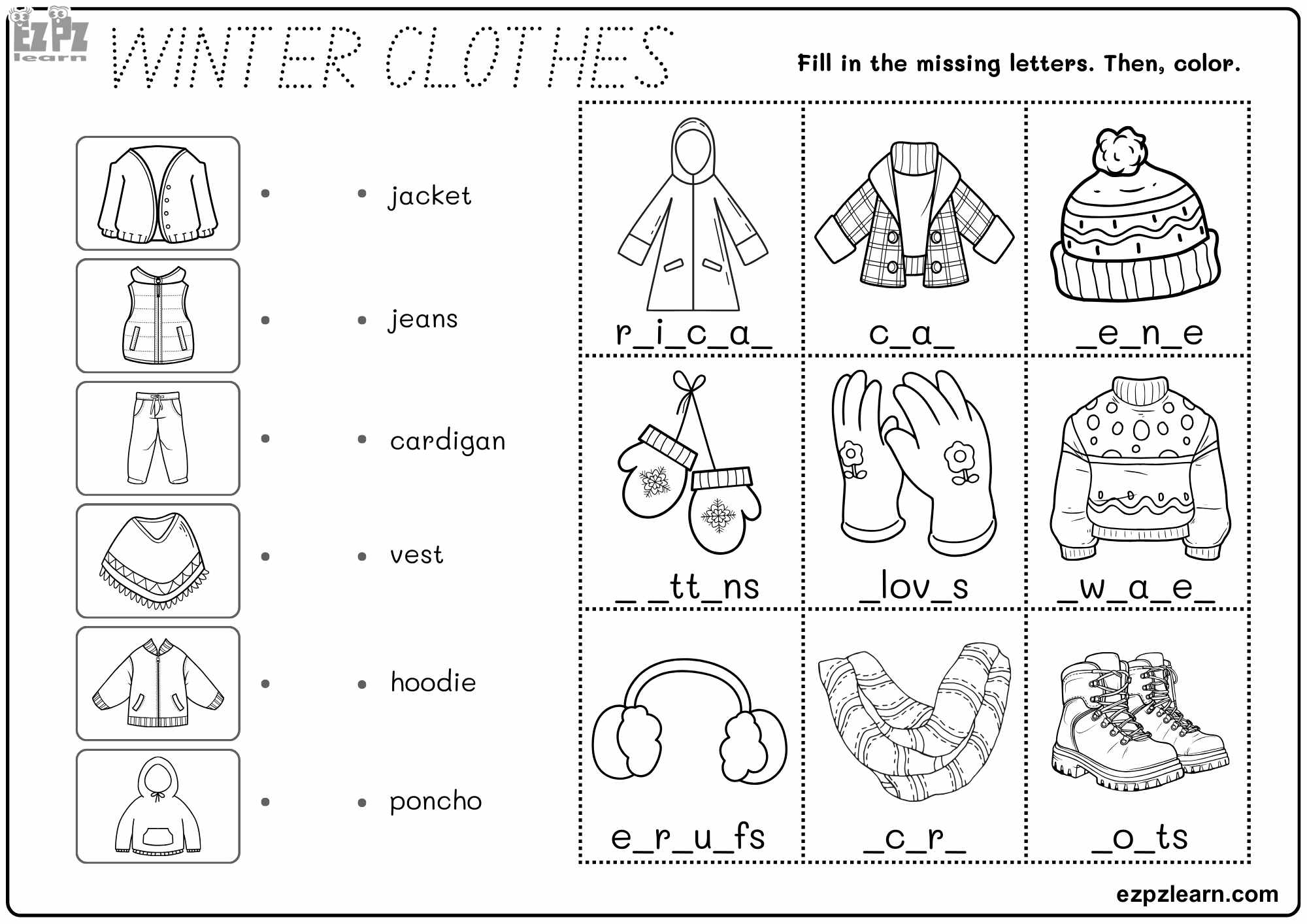 Winter Clothes Vocabulary. Read, color and match. Fill in the missing ...