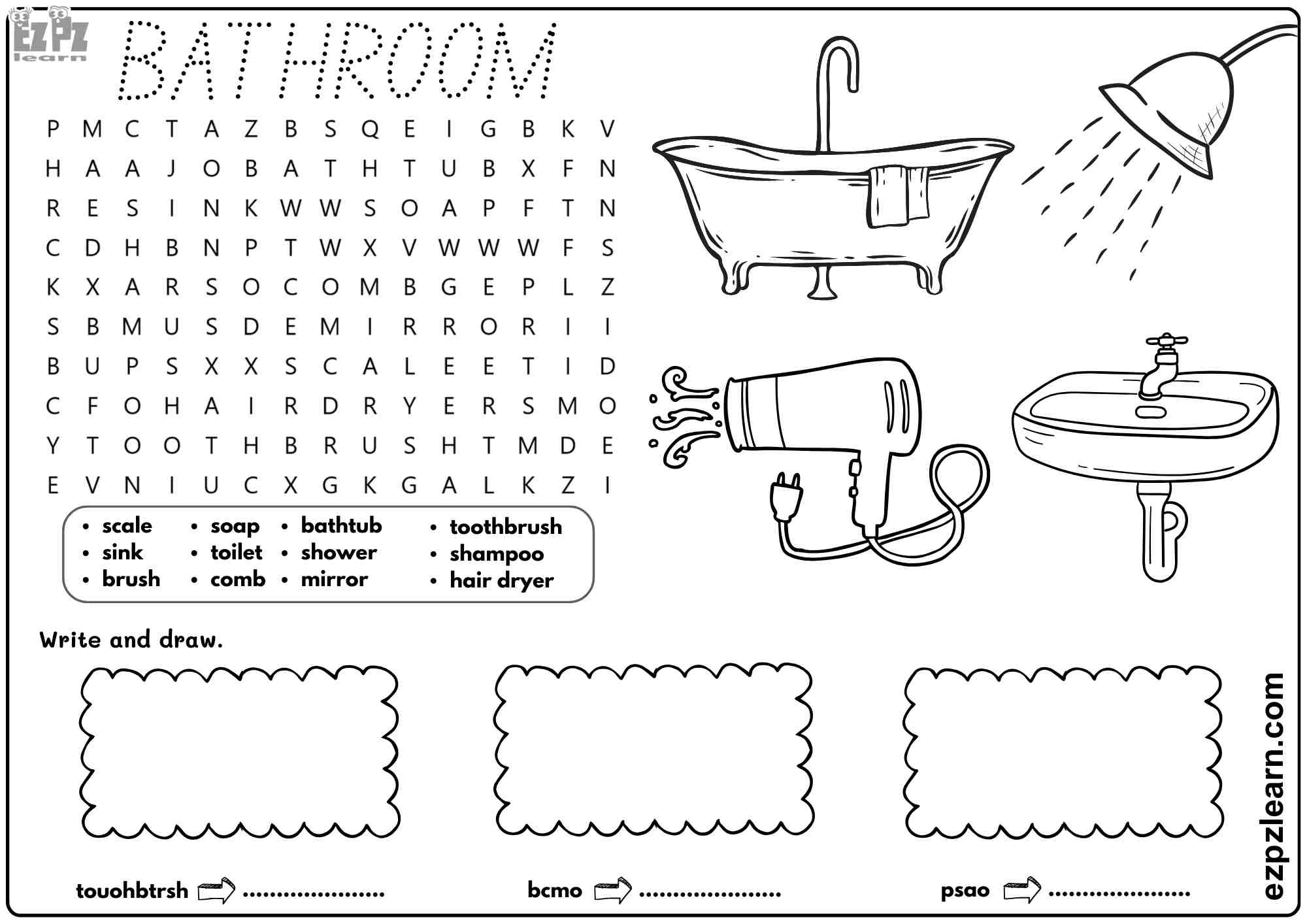 Bathroom Vocabulary Word Search, Coloring, Word Scramble and Drawing ...
