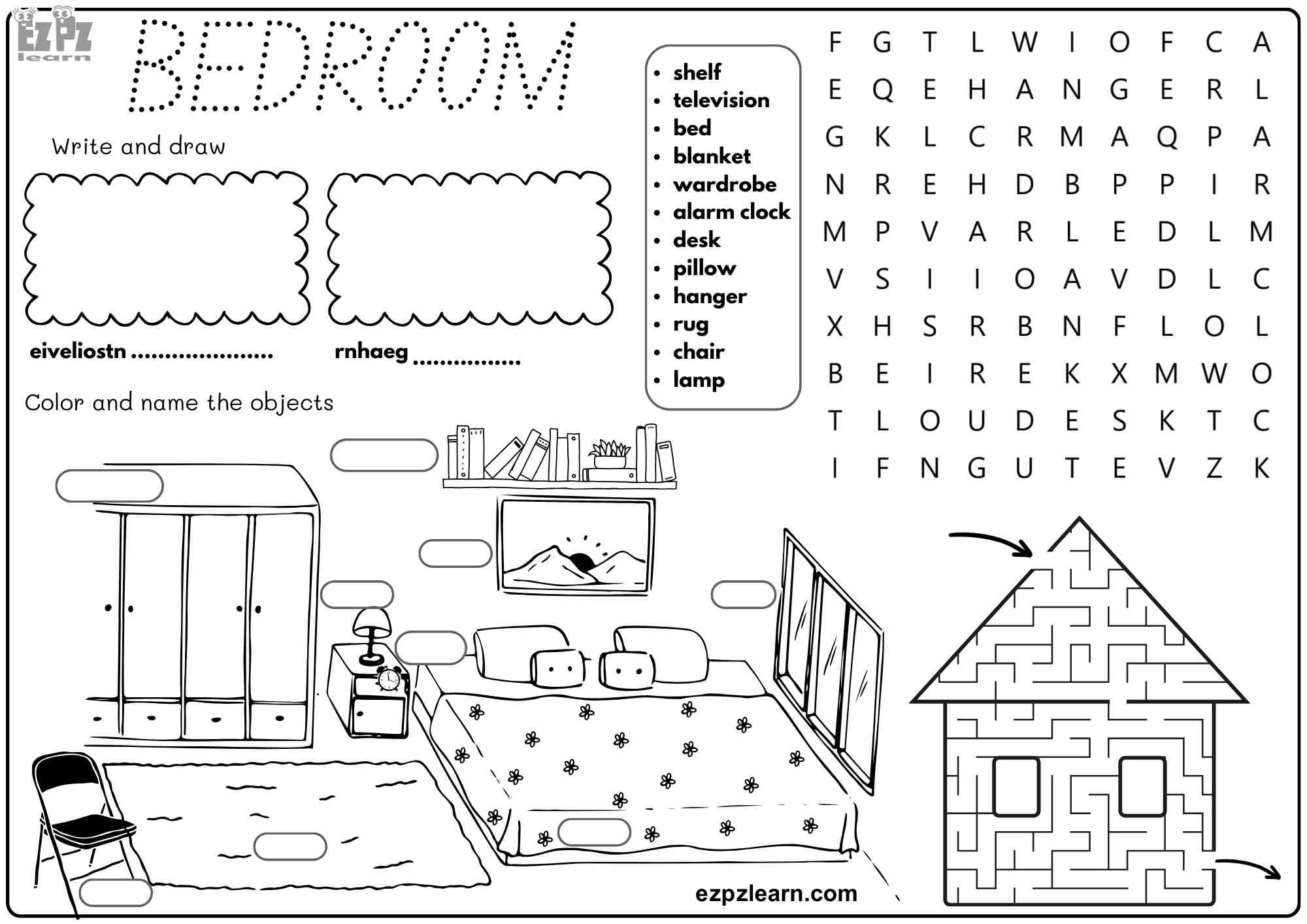 Bedroom Vocabulary for Kids. Word Search, Maze, Drawing and Word ...