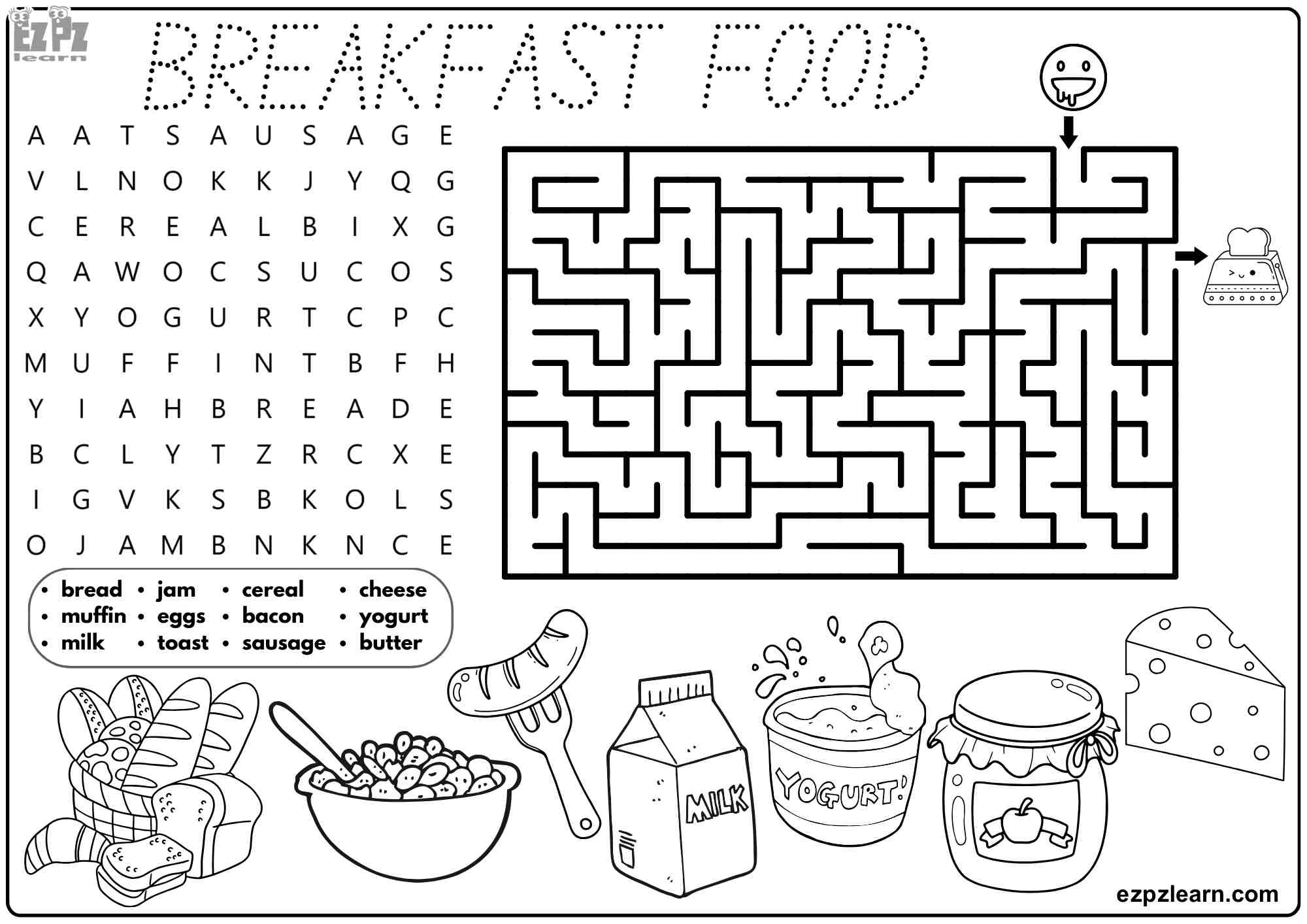 Breakfast Food Vocabulary for Kids. Word Search, Maze and Coloring ...