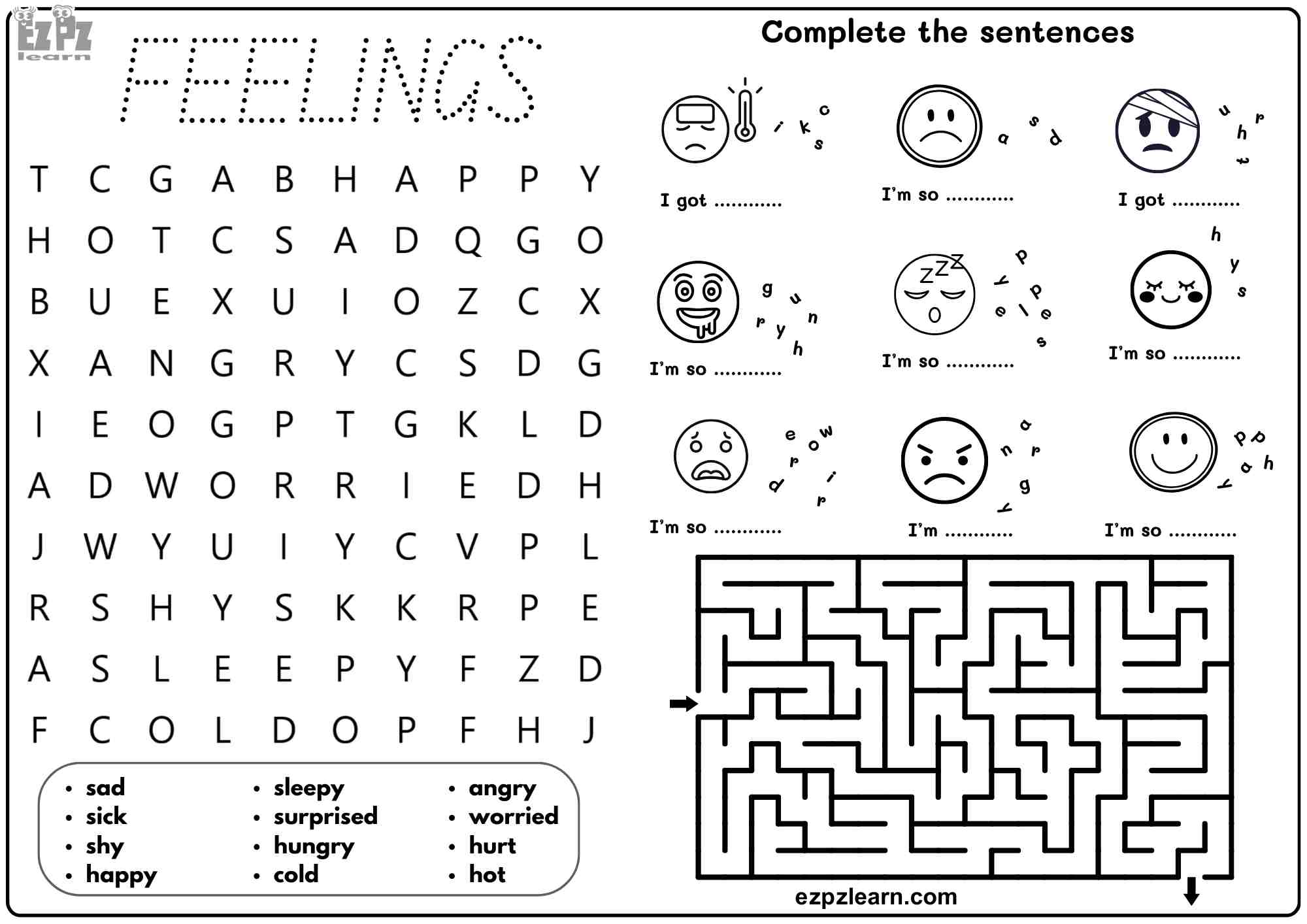 Feelings and Emotions Vocabulary For Kids. Includes: Word Search, Maze ...