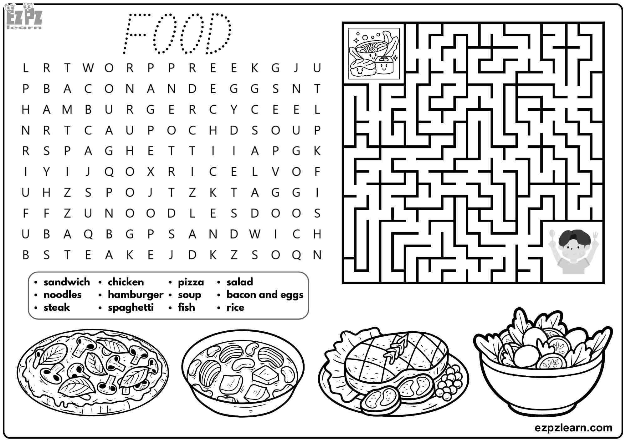 Food Vocabulary For Kids. Includes: Word Search, Maze, and Writing ...