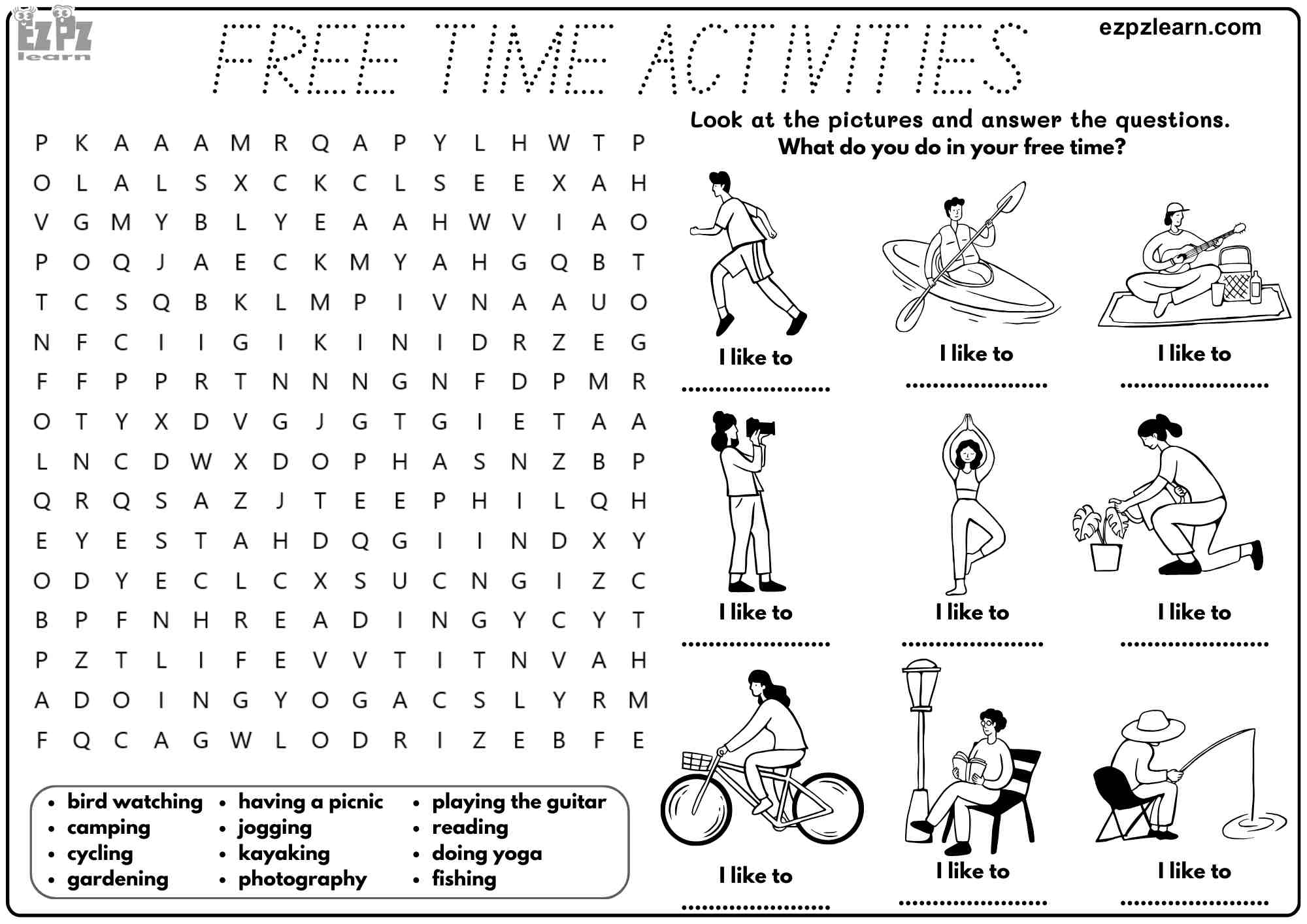 Free Time Activities Vocabulary For Kids. Includes: Word Search, and ...
