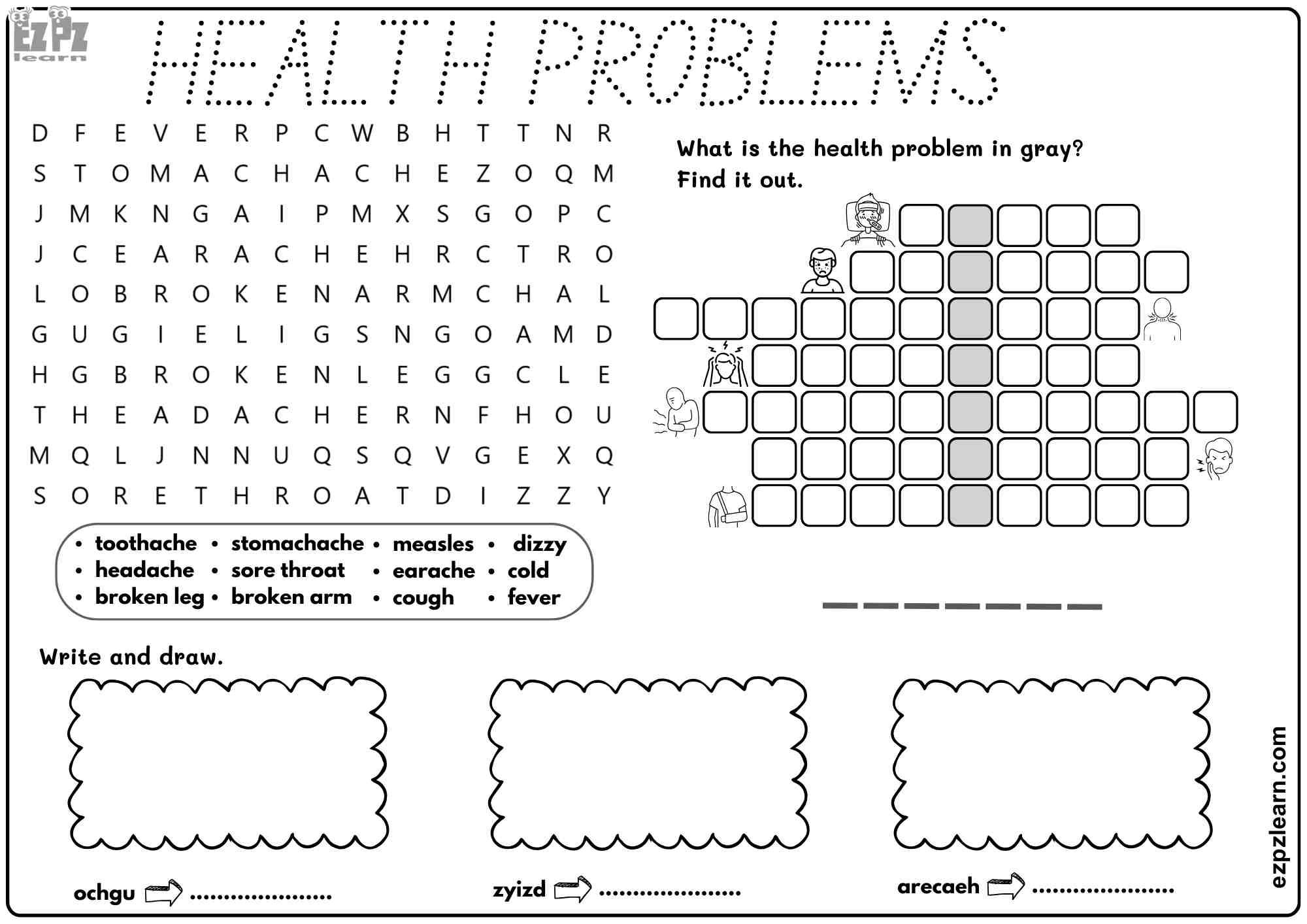 Illness and Health Problems Vocabulary For Kids. Includes: Word Search ...