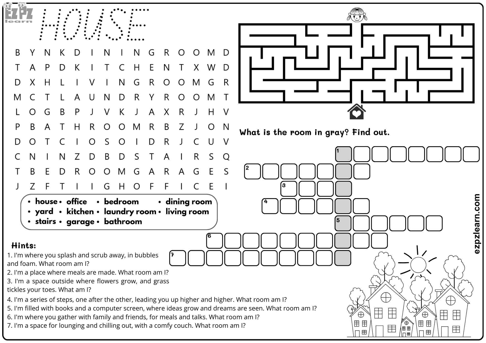 House Rooms Vocabulary For Kids. Includes: Word Search, Maze and ...