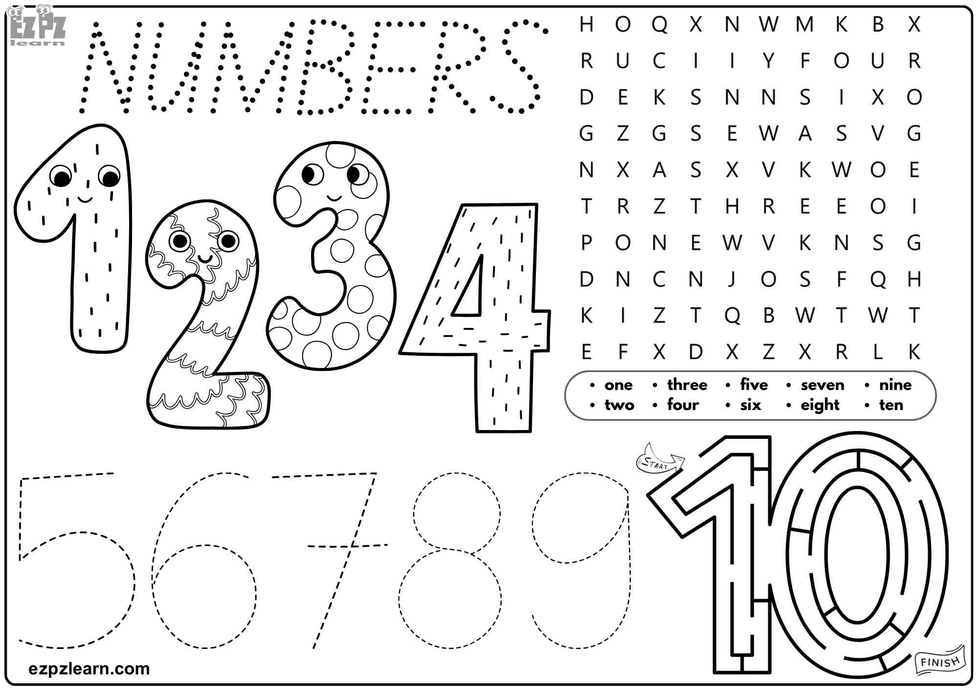 Numbers Vocabulary For Kids. Includes: Word Search, Coloring and Maze ...