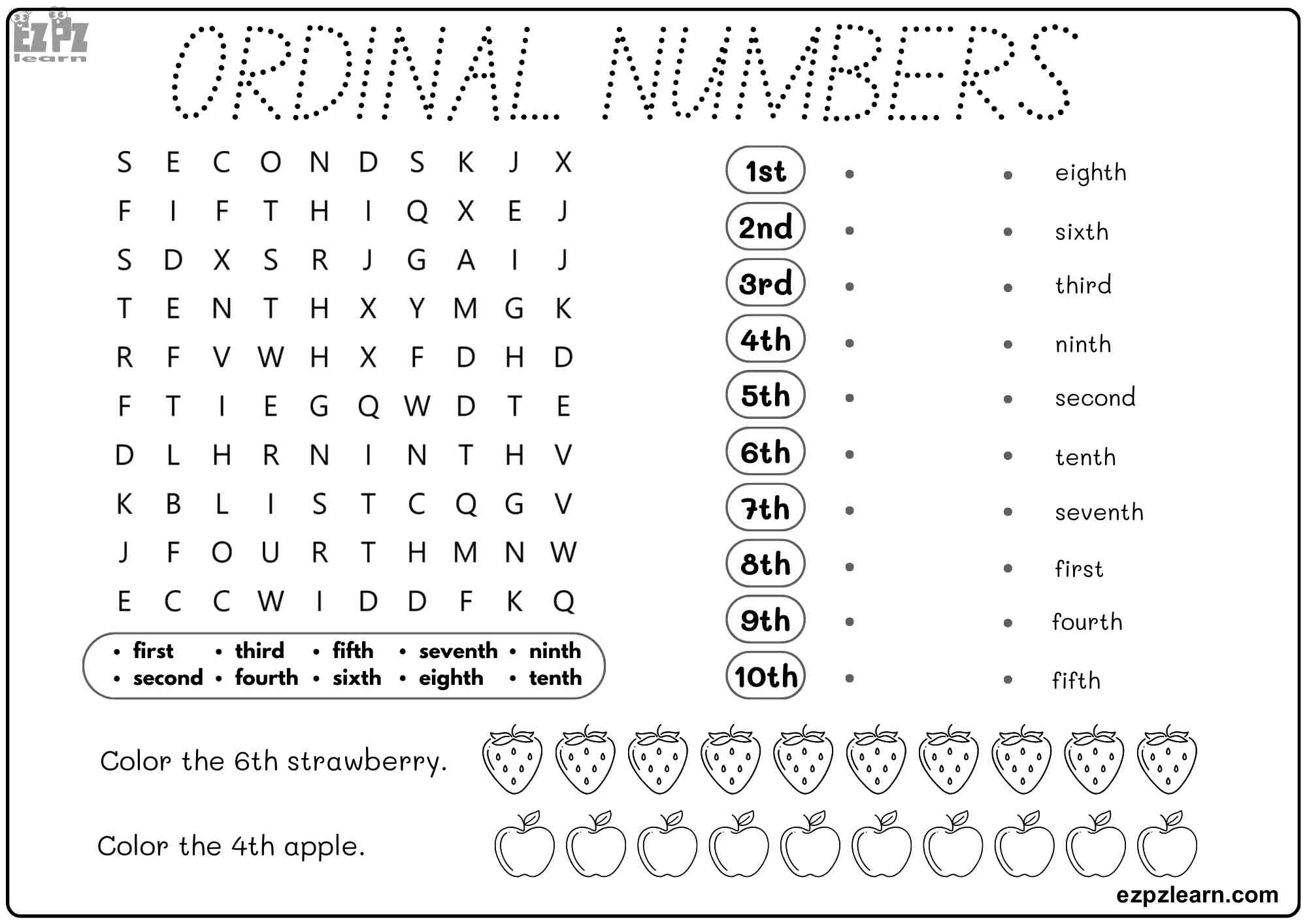 Ordinal Numbers Vocabulary For Kids. Includes: Word Search, Coloring ...