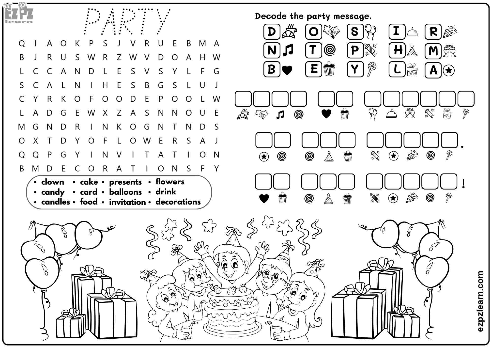 Party Vocabulary For Kids. Includes: Word Search, Coloring and ...