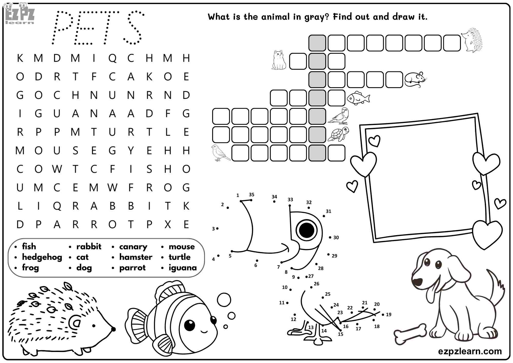 Pets Animals Vocabulary For Kids. Includes: Word Search, Coloring and ...