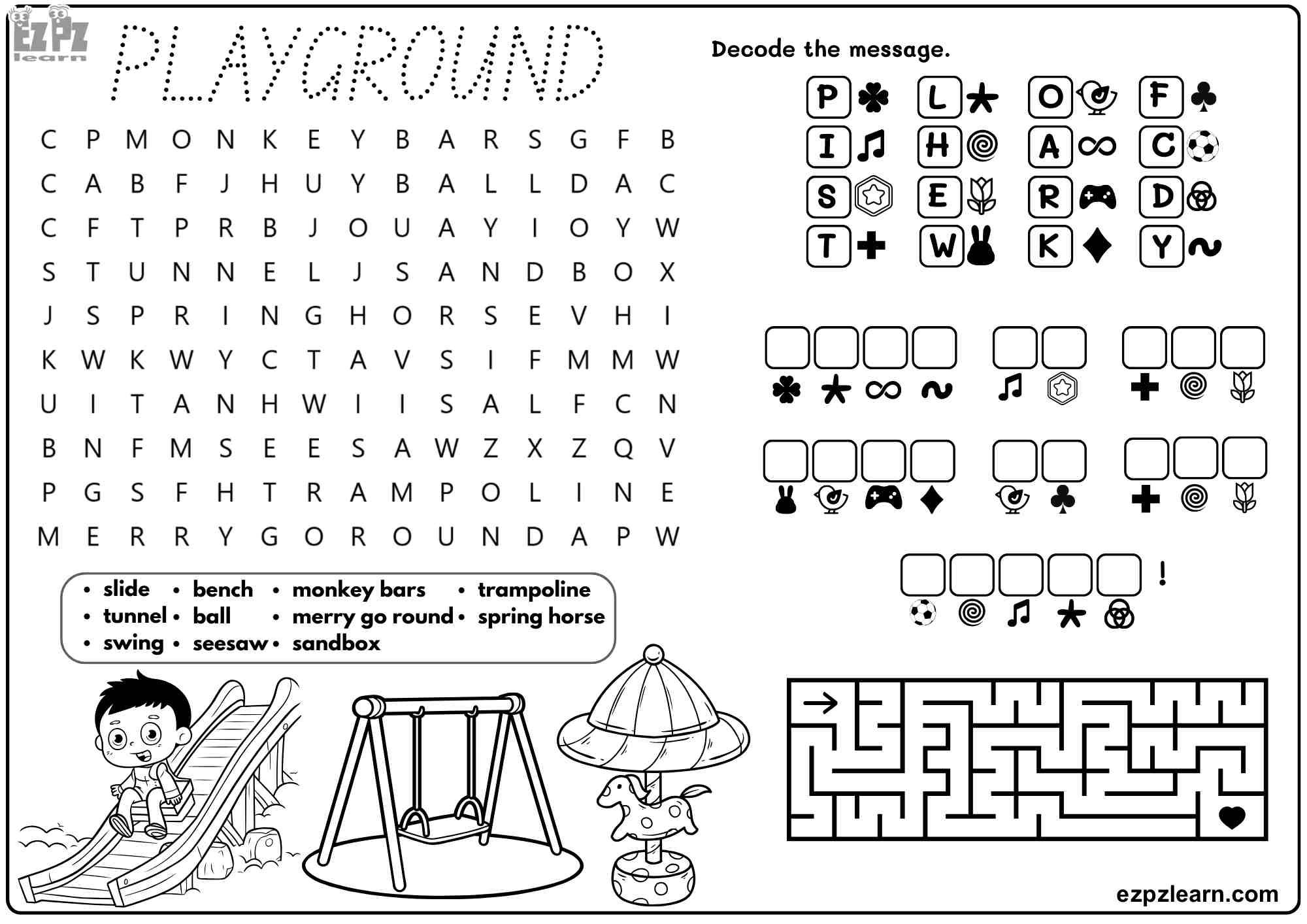 Playground Vocabulary For Kids. Includes: Word Search, Coloring, Maze ...