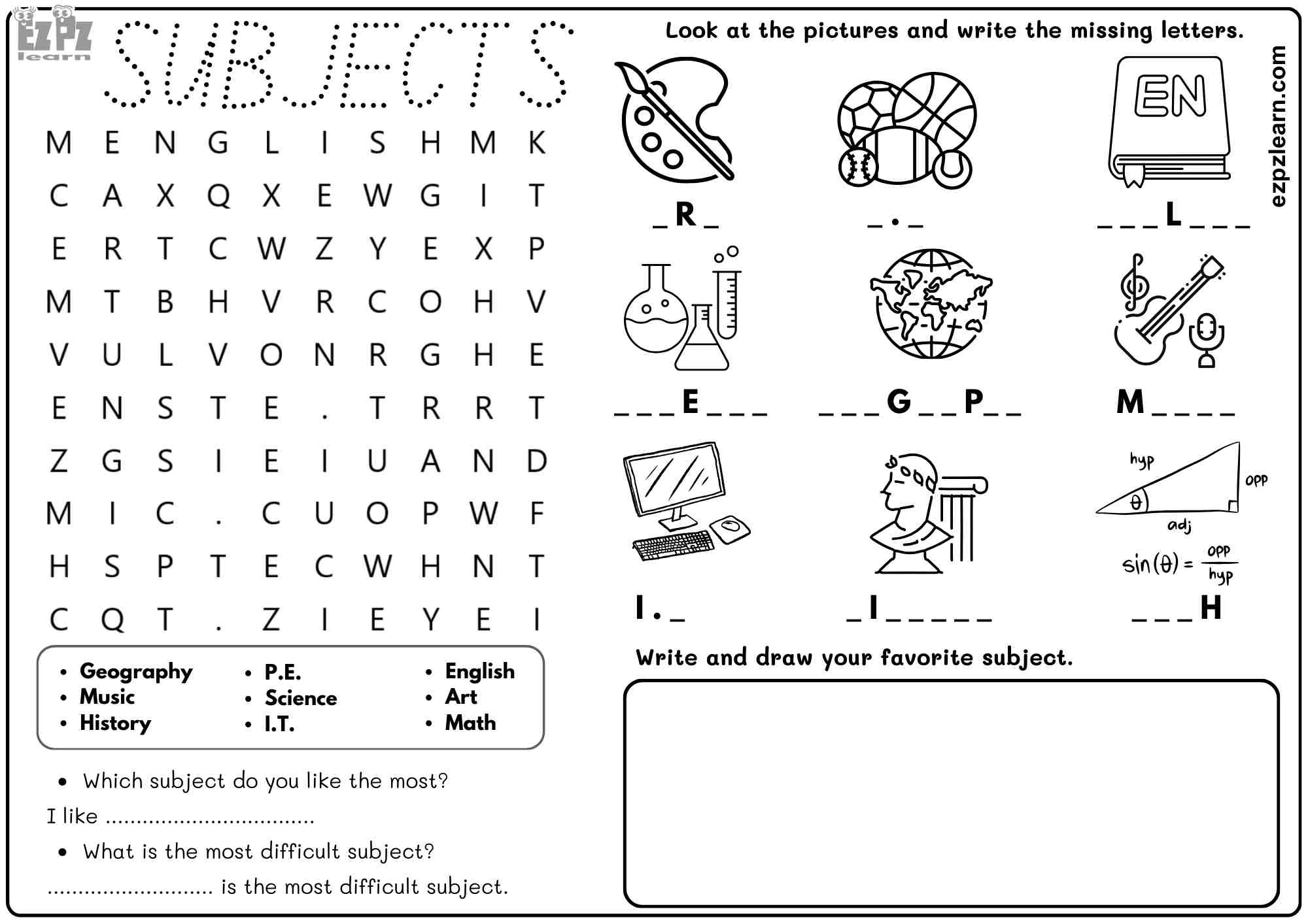 School Subjects Vocabulary For Kids. Includes: Word Search, Complete ...