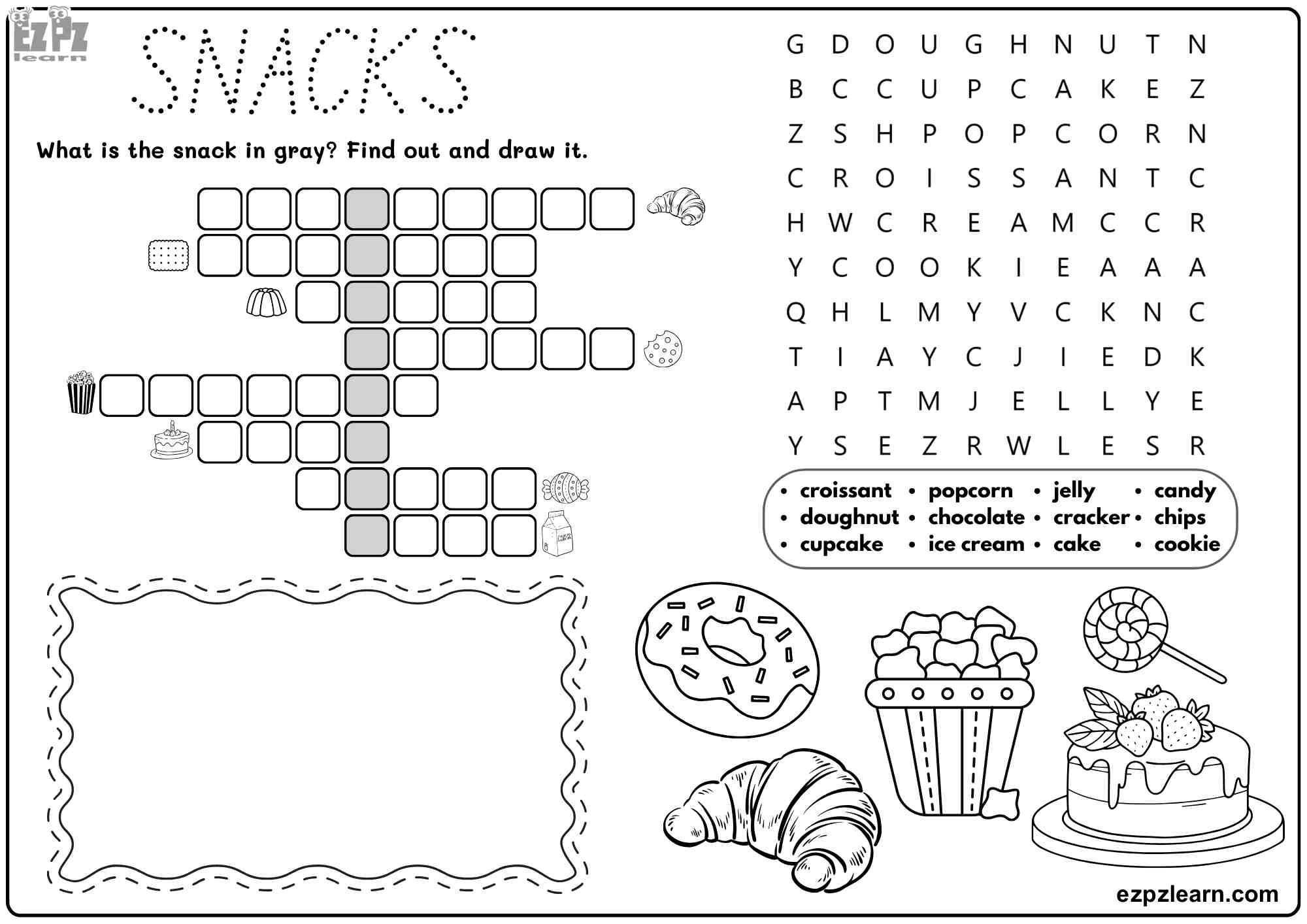 Snacks Food Vocabulary For Kids. Includes: Word Search, Write the Words ...