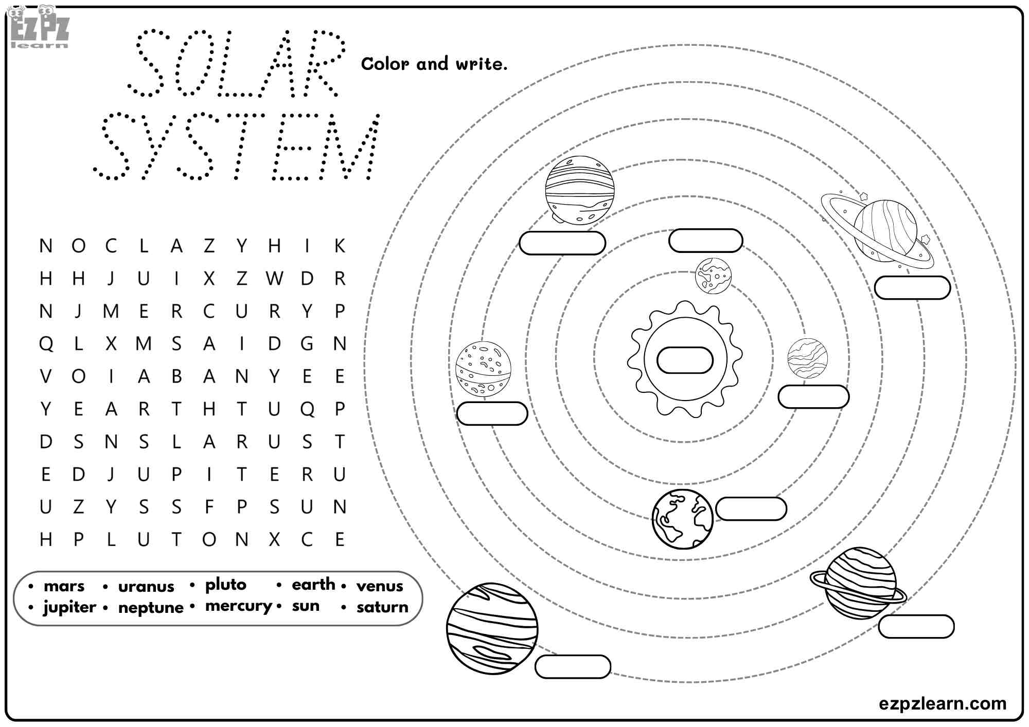 Solar System Vocabulary For Kids. Includes: Word Search, Color and ...