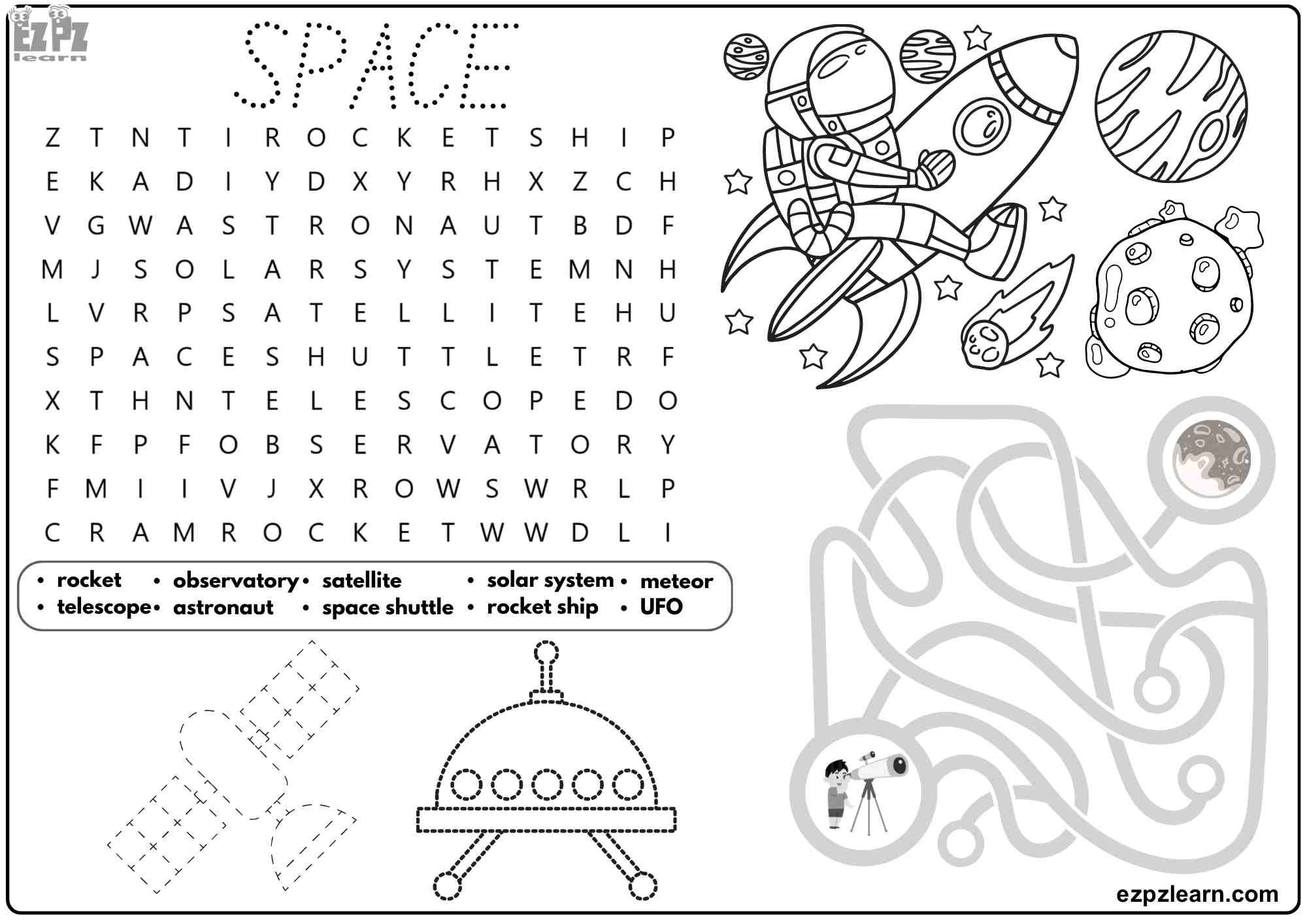 Space and the Solar System Vocabulary For Kids. Includes: Word Search ...