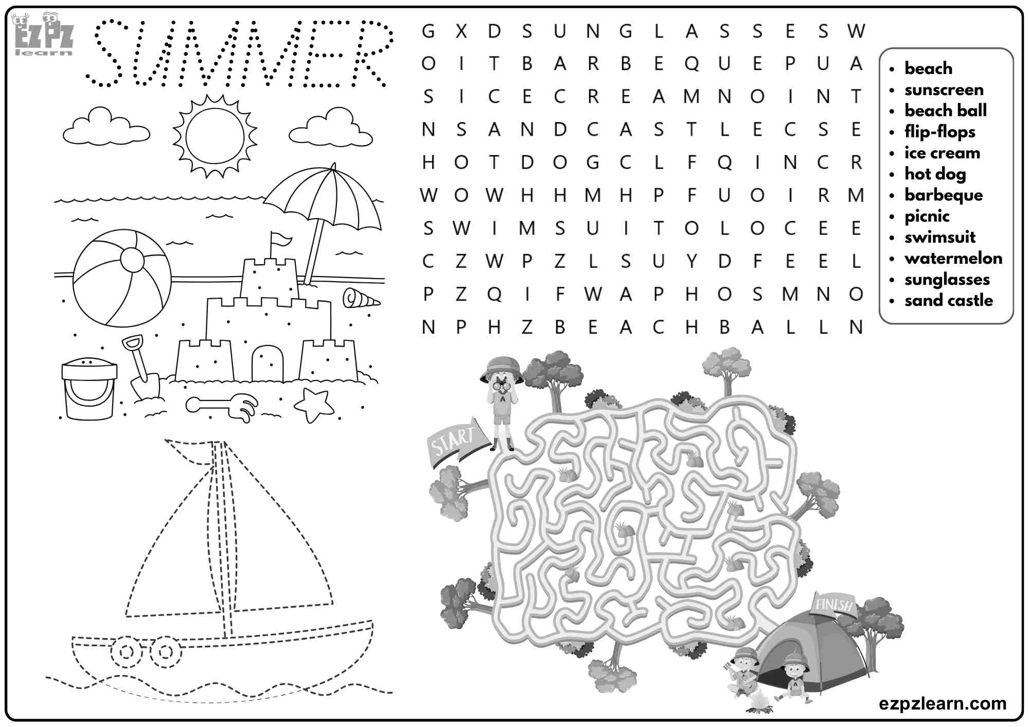 Summer Season Vocabulary For Kids. Includes: Word Search, Coloring, and ...