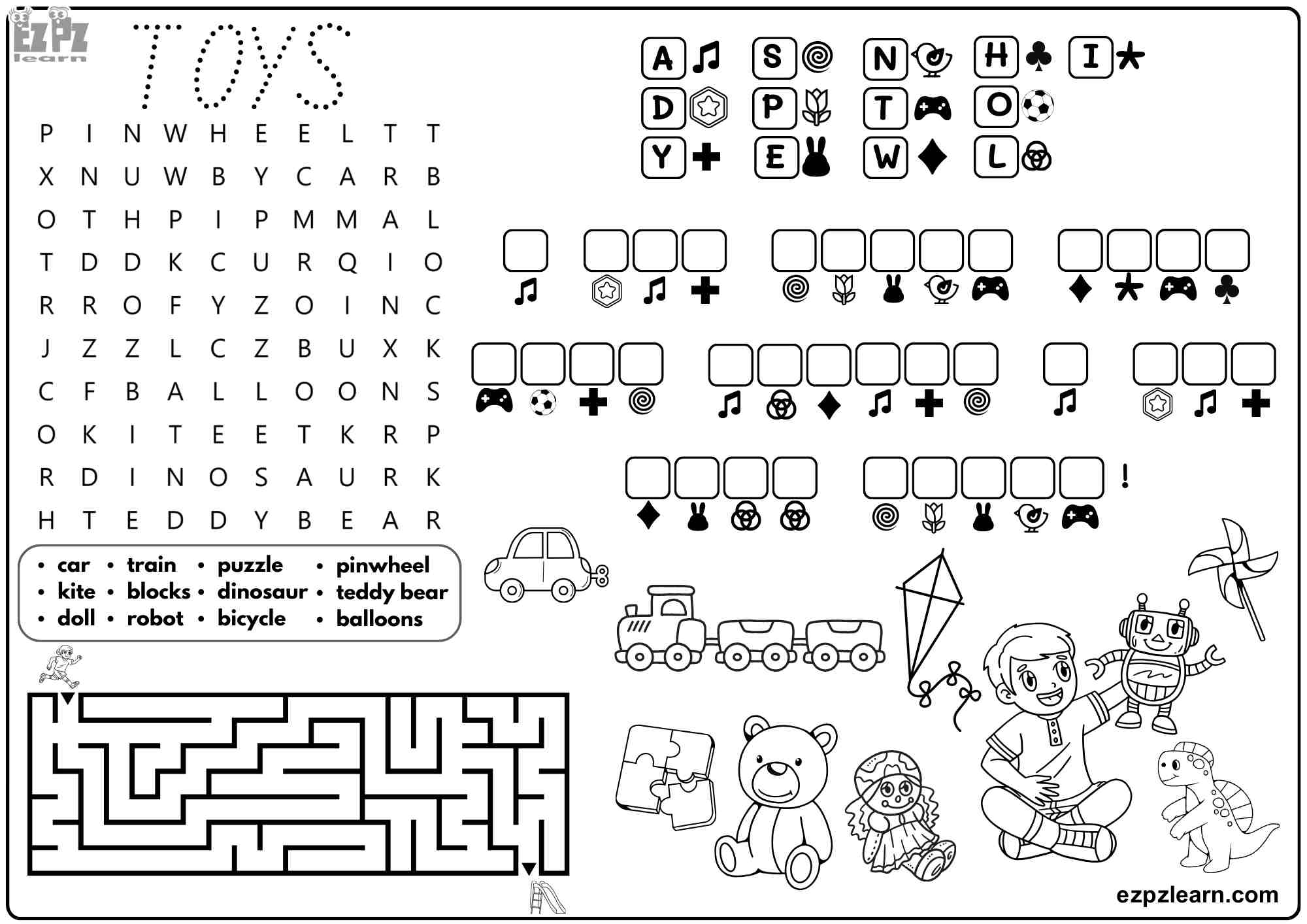 Toys Vocabulary For Kids. Includes: Word Search, Coloring, Cryptography ...