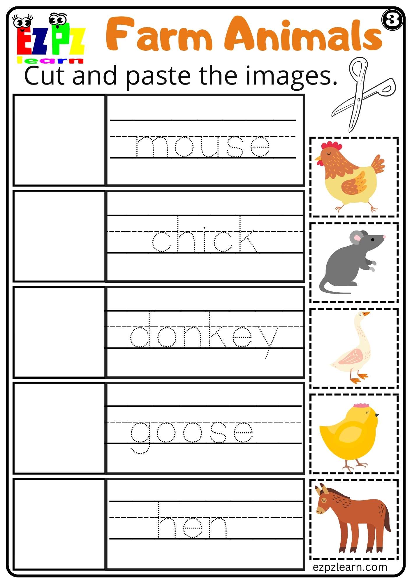 Farm Animals Circle and Paste Worksheet for Kindergarten or ESL ...