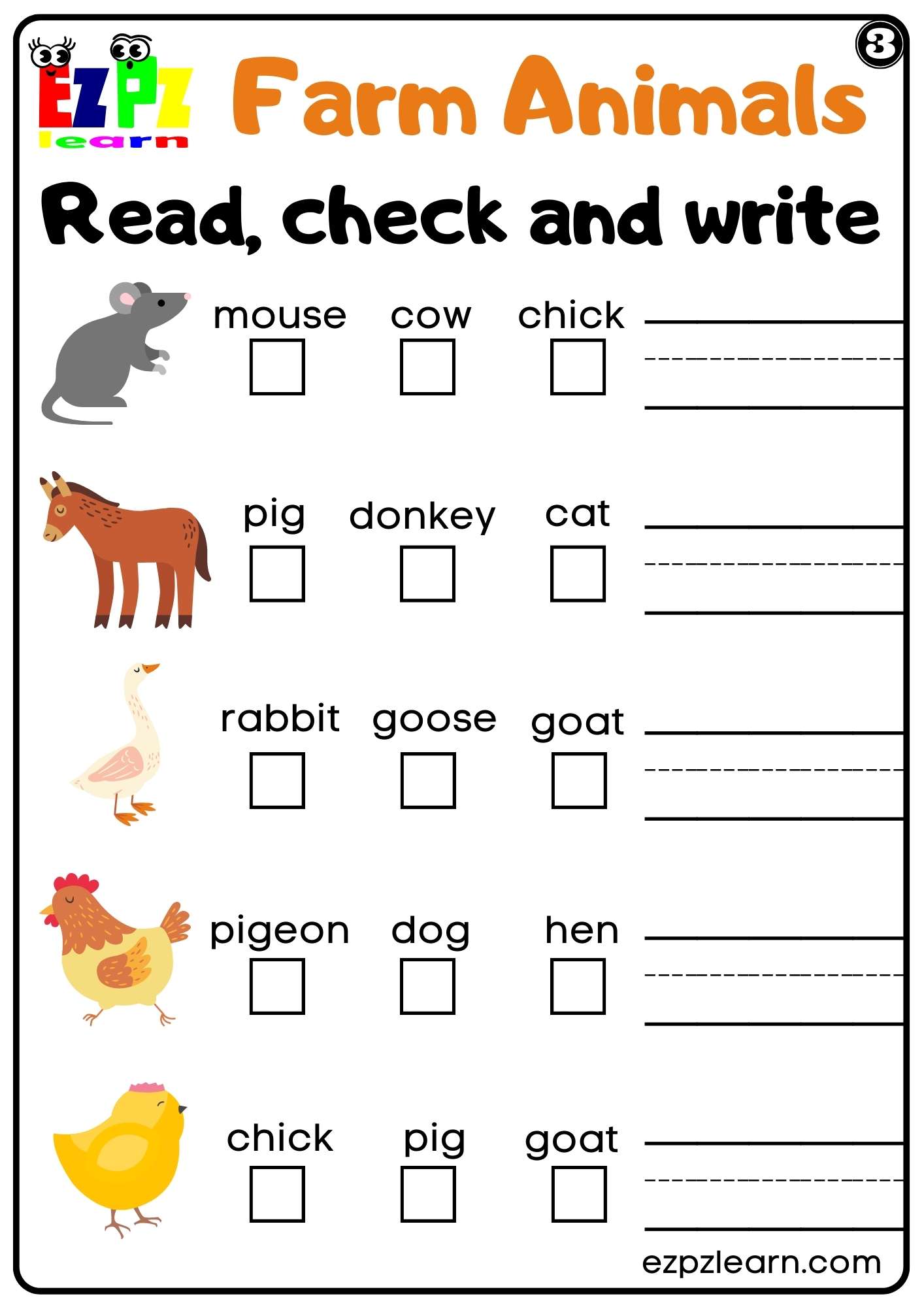 Farm Animals Read Check and Write Worksheet for Kindergarten or ESL ...