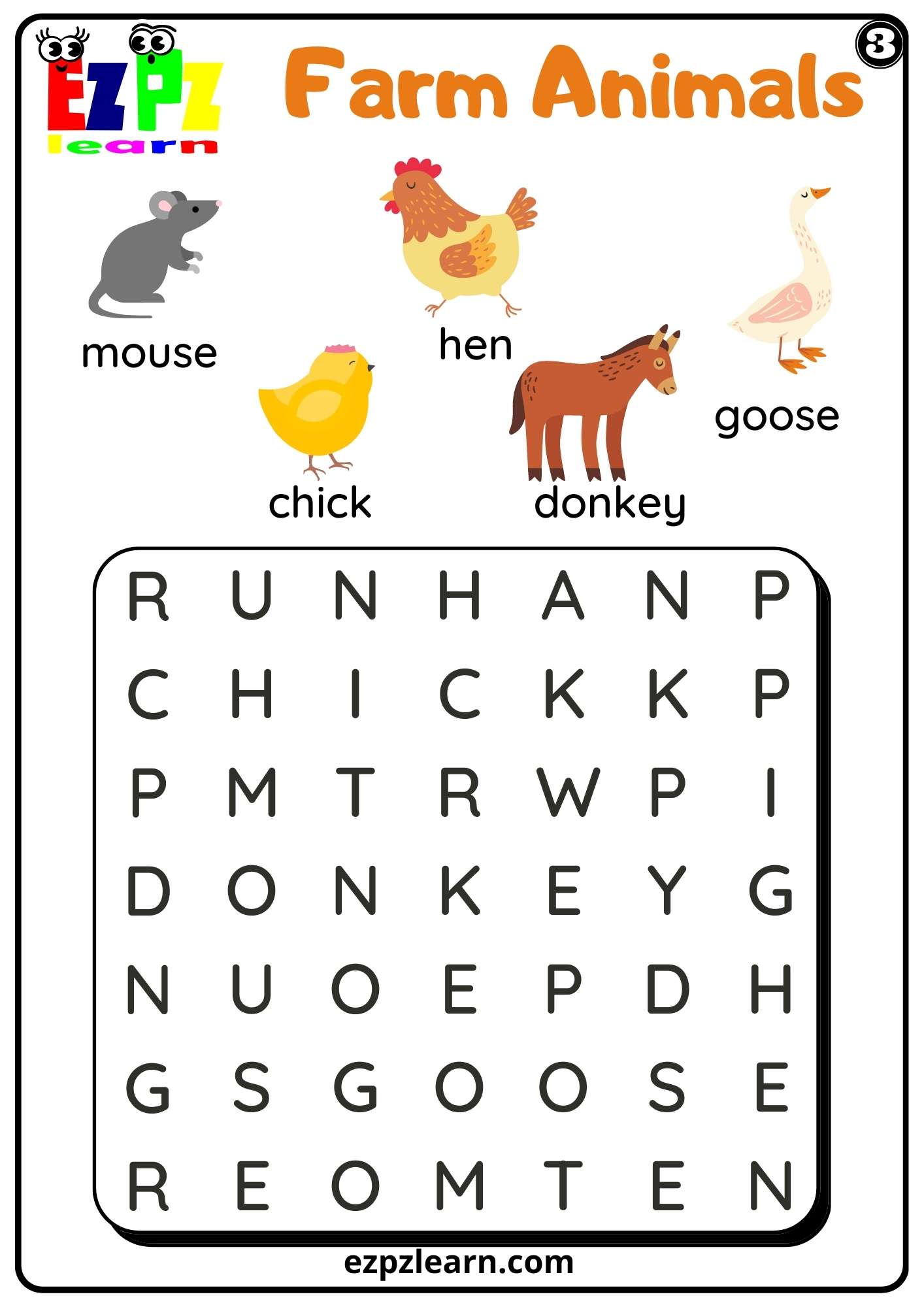 Farm Animals Word Search for Kindergarten or ESL Students Free PDF ...