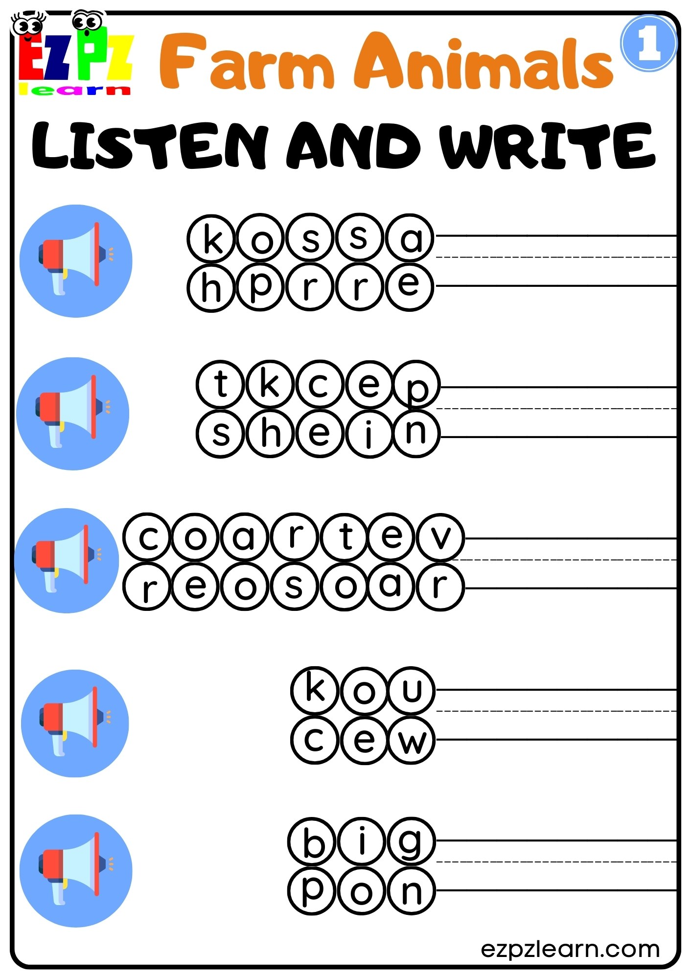 Listen Circle and Write the Words Interactive Farm Animals Worksheet ...